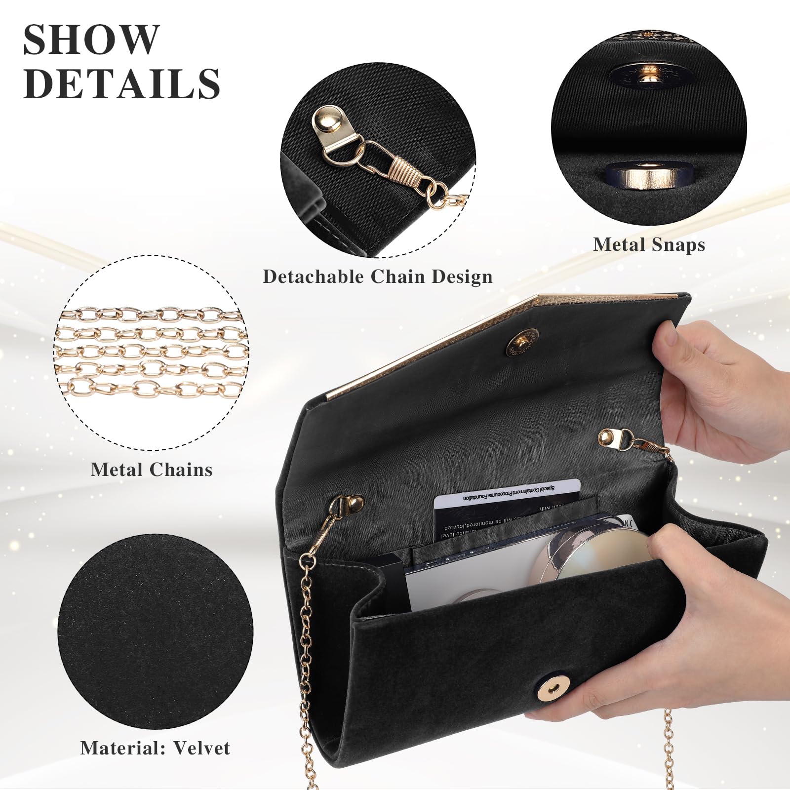 Pinprin Womens Evening Handbag Envelope Clutch Bag Ladies Prom Bridal Wedding Party Purse with Detachable Chain (A-Black)