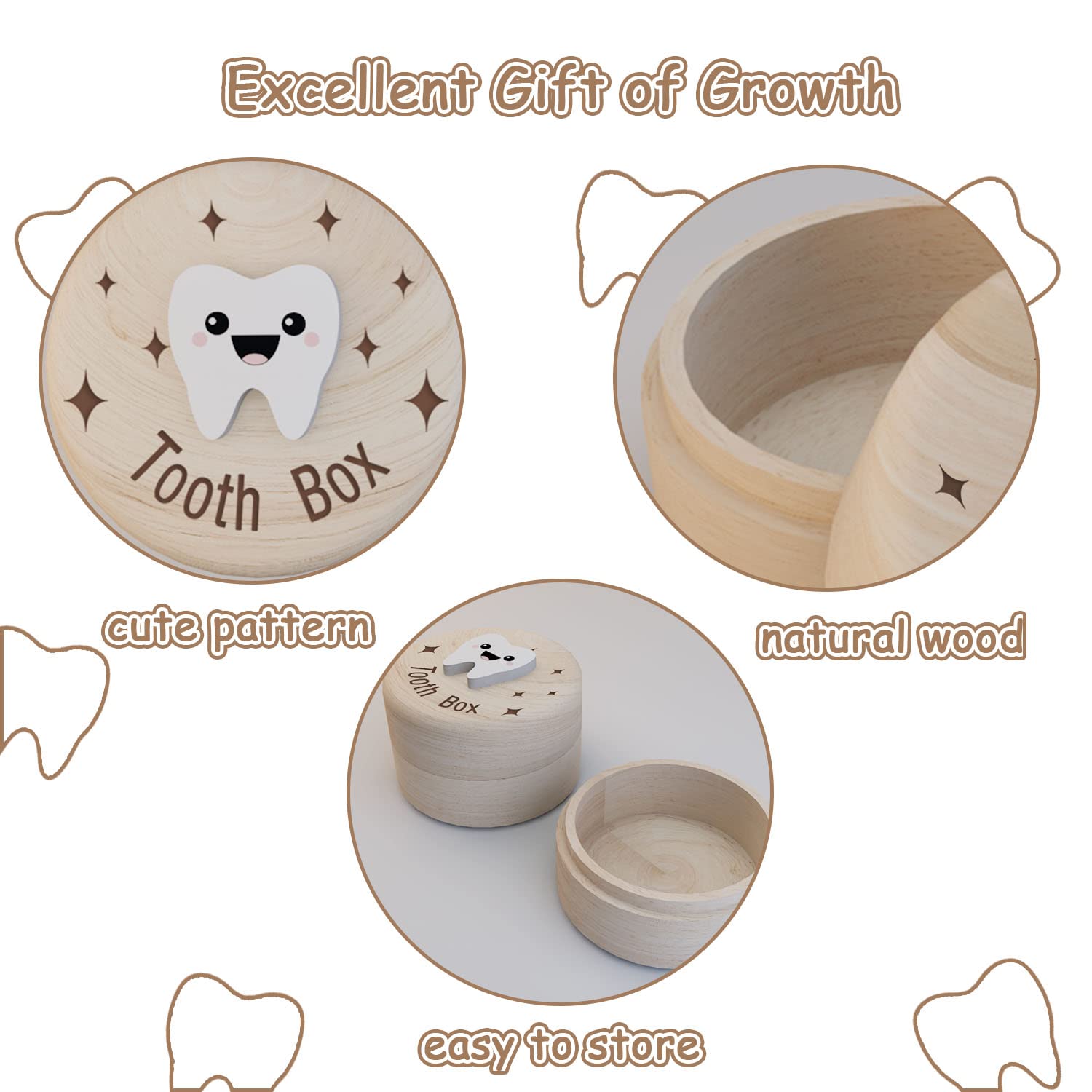 Tooth Box for Kids, Tooth Fairy Wooden Box with Engraved Four-Pointed Star and 3D Tooth, Stores Lost Teeth for Boys and Girls Easy to Carry, Dropped Tooth Keepsake Storage Box (Tooth)