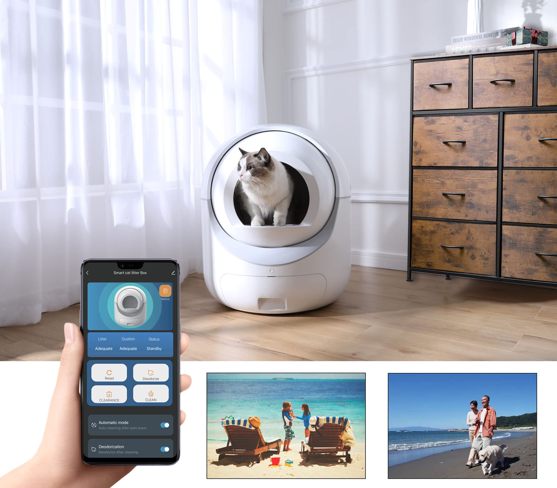Large Self Cleaning Cat Litter Box, Pretty Automatic Cat Litter Box Robot with APP Control & Safe Alert & Smart Health Monitor for Kitty, Tidy Multiple Cats (White)