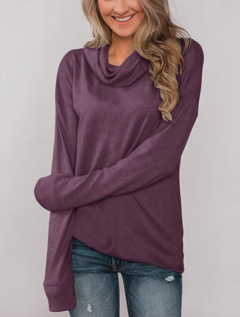 Minthunter Women's Long Sleeve Pullovers Cowl Neck Tunic Shirt Casual Sweatshirt Tops Wine Red