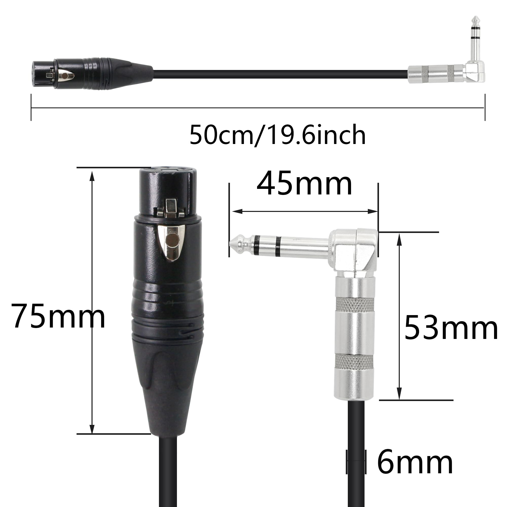 PNGKNYOCN 1/4 to XLR Cable 90 Degree Right Angle 6.35 mm TRS Male Plug to XLR Female Jack Audio Stereo Microphone Cable for Speakers, Stage, DJ and More(50cm)