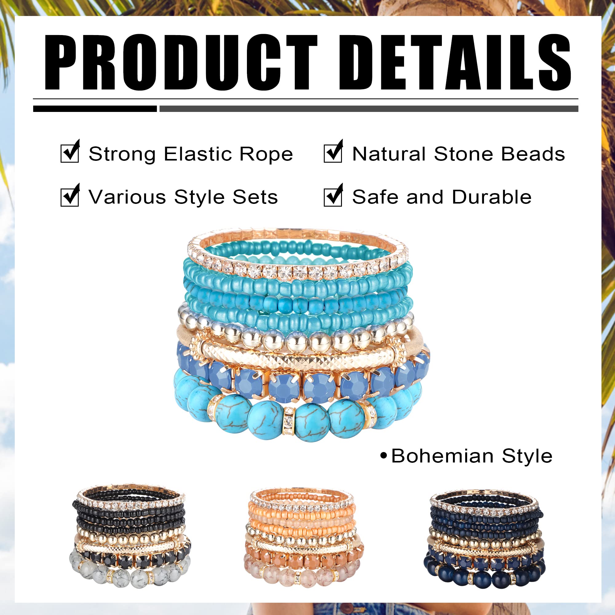 SAILIMUE 4 Sets Bohemian Stackable Bead Bracelets for Women Multilayered Stretch Beaded Bracelets Handmade Pendant Charm Boho Bracelets Pack