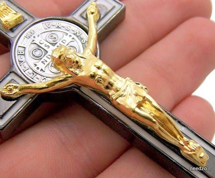 LM Black Enamel Gold Tone Saint Benedict Icon Cross Crucifix Pendant, 3 Inch