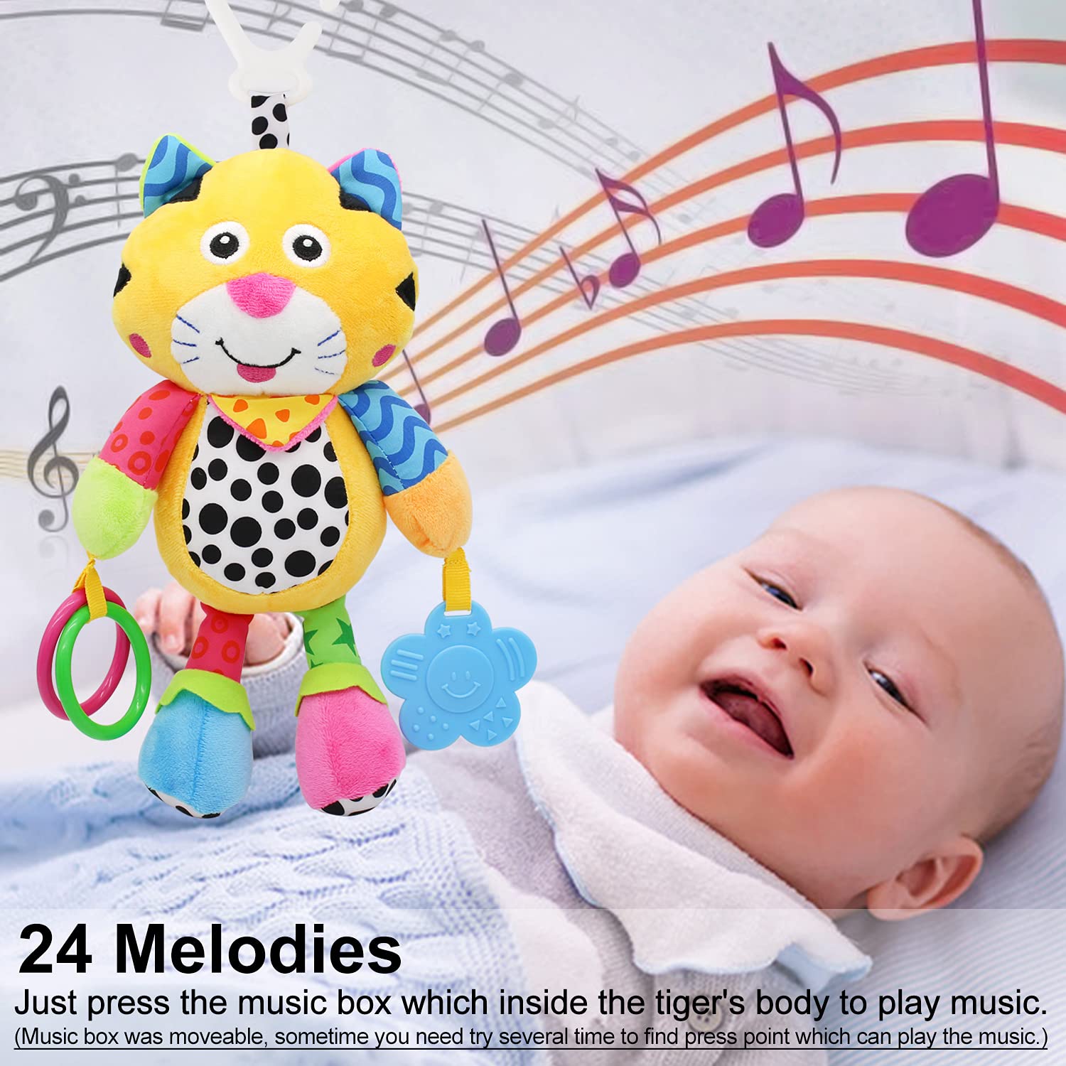 MARUMINE Baby Car Seat Toys with 24 Music and Teether for Newborn (Tiger)