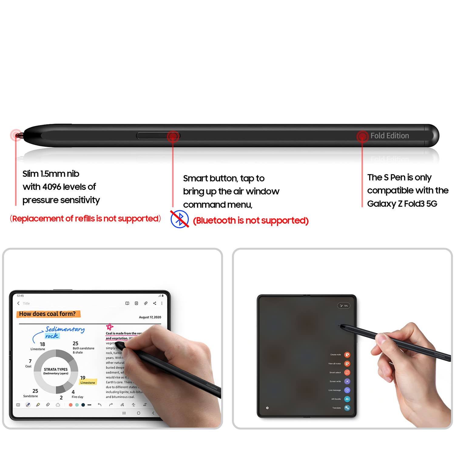Vizvera for Galaxy S Pen Fold 3 Stylus Edition, Z Fold 3 Stylus Pen Replacement Compatible Galaxy Z Fold 3 Phones Only, US Version,Black (without Bluetooth)