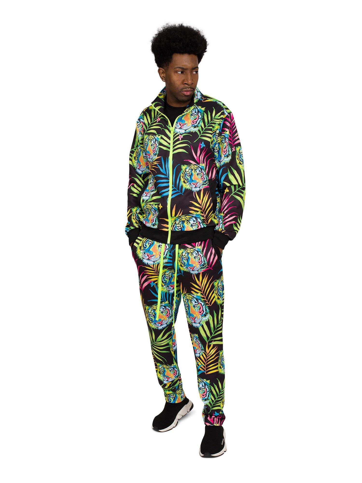 Men's Neon Jungle Tiger Track Suits 2 Piece Sweatsuit Set ST802 - Black - Large - V-C31