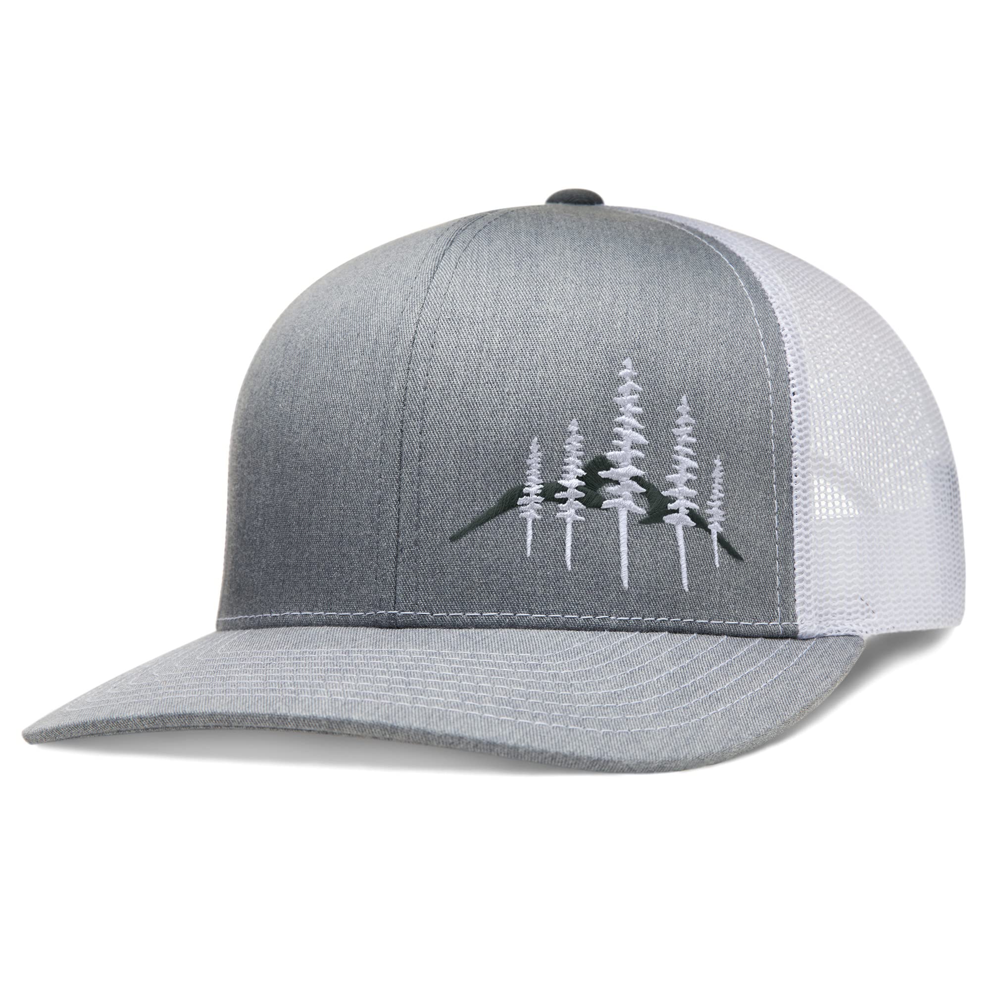 LARIX Heathergrey and White Snapback Trucker Hat (Baseball hat) with Wild Mountain and Trees