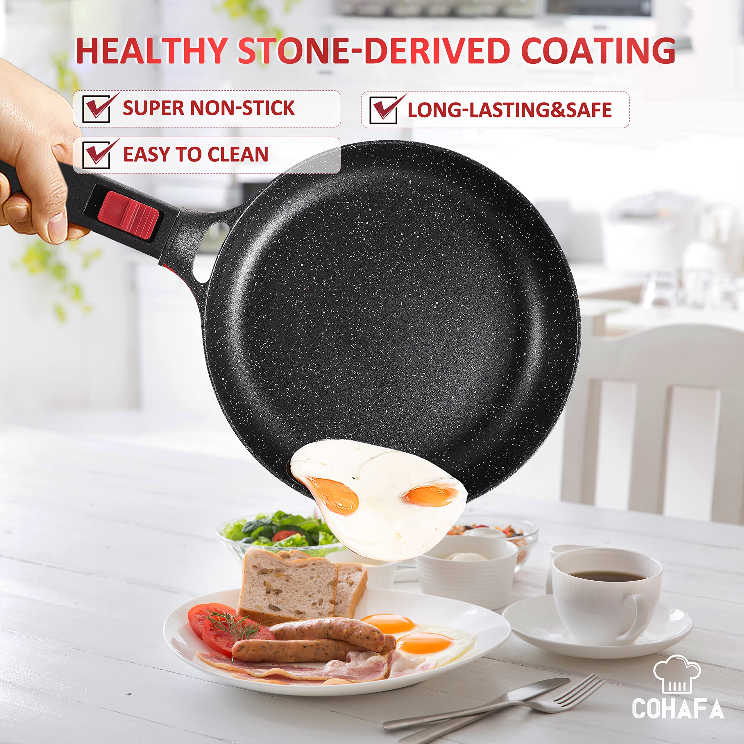 Nonstick Dutch Oven with Lid, 3Pcs Pots and Pans Set with Stone-Derived Coating, Frying Pan with Detachable Handle, Saute Pan, Stockpot with Lid, Red