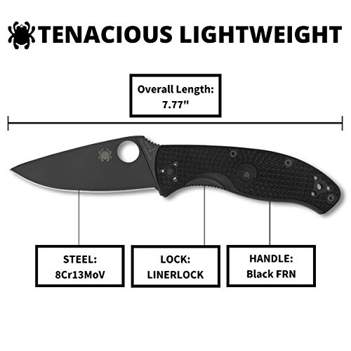 Spyderco Tenacious Lightweight Folding Utility Pocket Knife with 3.39" Black Stainless Steel Blade and Black FRN Handle - Everyday Carry - PlainEdge - C122PBBK