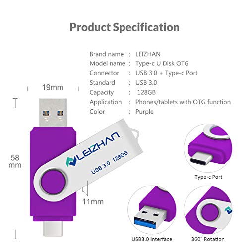 leizhan 128 gb USB 3.0 Type C Flash Drive Picture Stick Compatible with Samsung Galaxy S10+, S10e, S10,S9, Note 9, S8, S8 Plus, Purple