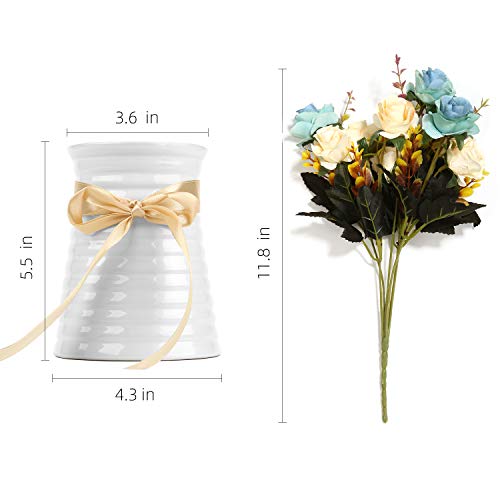 LY EMMET Artificial Rose Bouquets with Ceramics Vase Fake Rose Flowers Decoration for Table Home Office Wedding-Blue