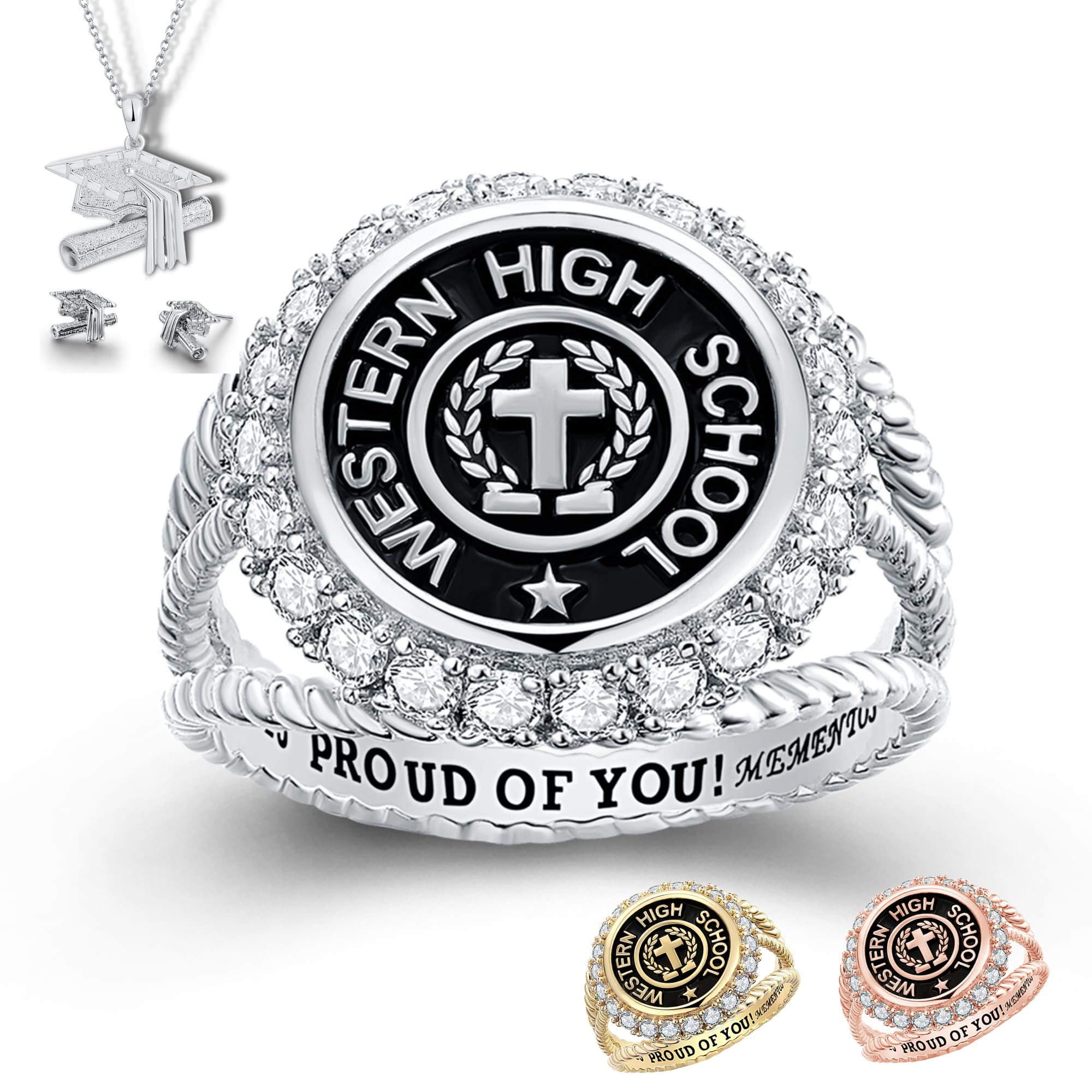 PJM Customized Sterling Silver Ladies High School and College Class Ring ā Brilliant Signet Collection ā Mementos Jewelry (Sterling Silver - Platinium)