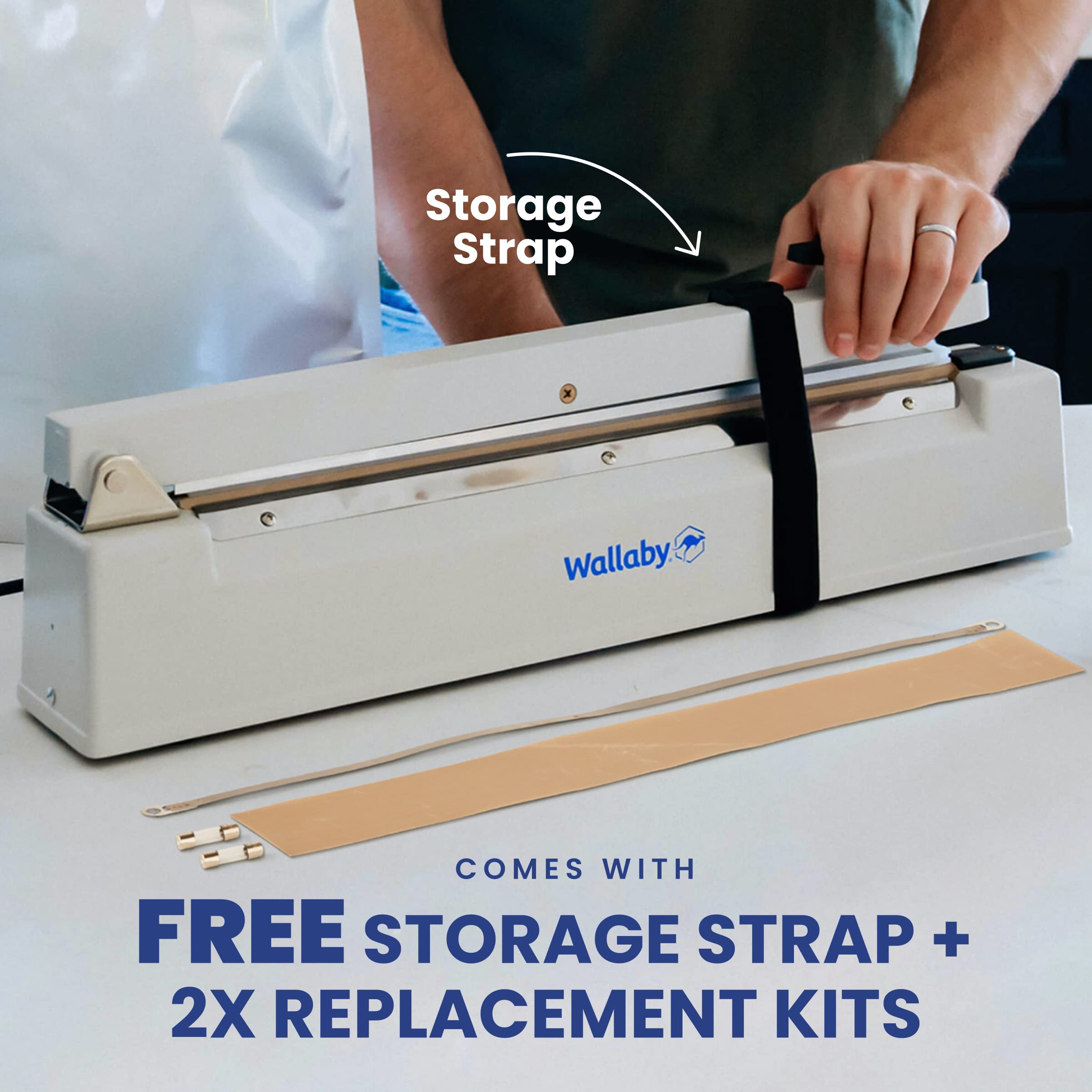 Wallaby Impulse Sealer - 16 inch - Manual Heat Sealer Machine for Mylar Bags - Heavy Duty for Strong, Secure Sealing for Long Term Food Storage - Two Fuse & Strip Replacement Kits Included (White)