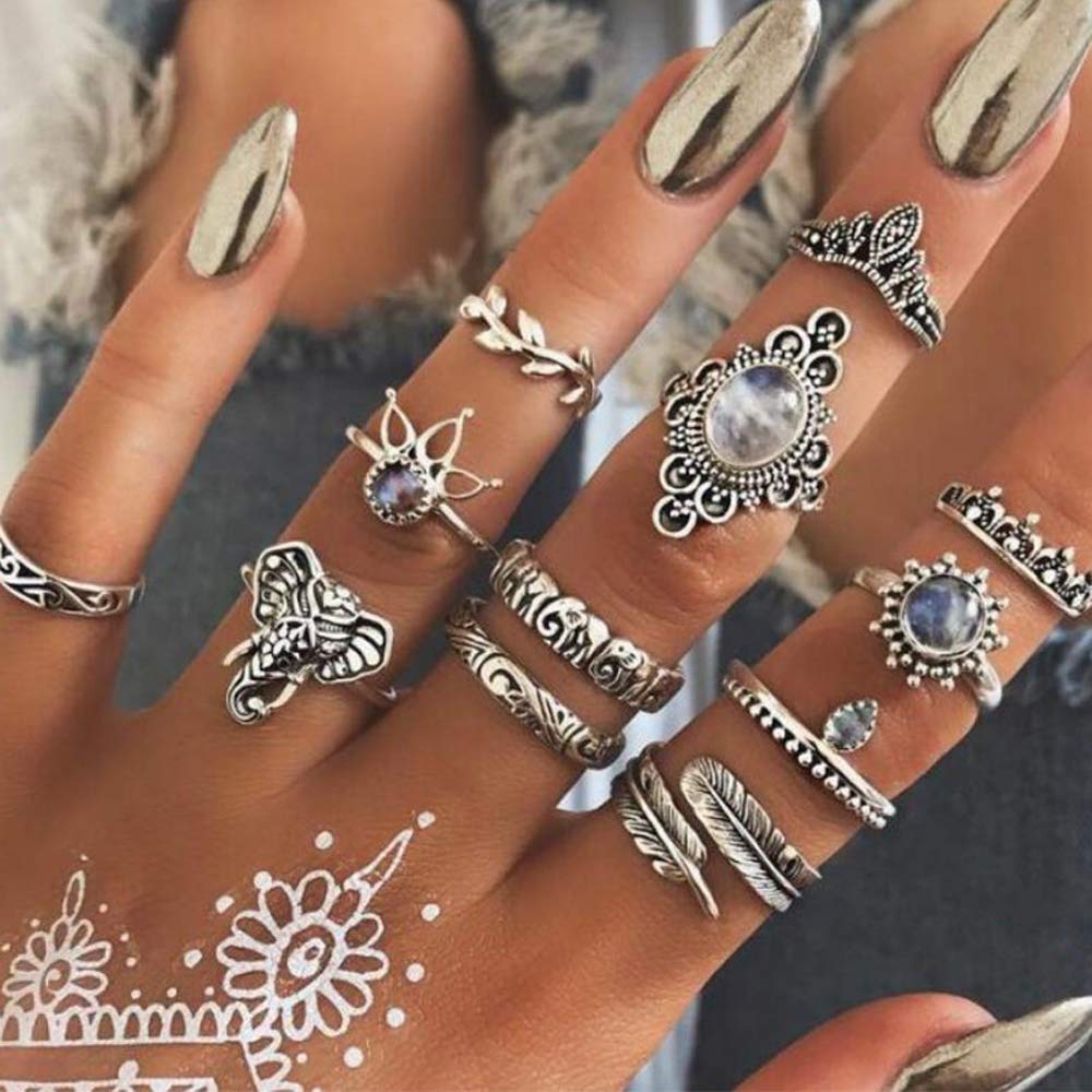 Missgrace Bohemian Vintage Elephant Animal Crystals Stack Rings Set Rhinestones Statement Beach Rings for Women Piece 12Pcs (Style 5)