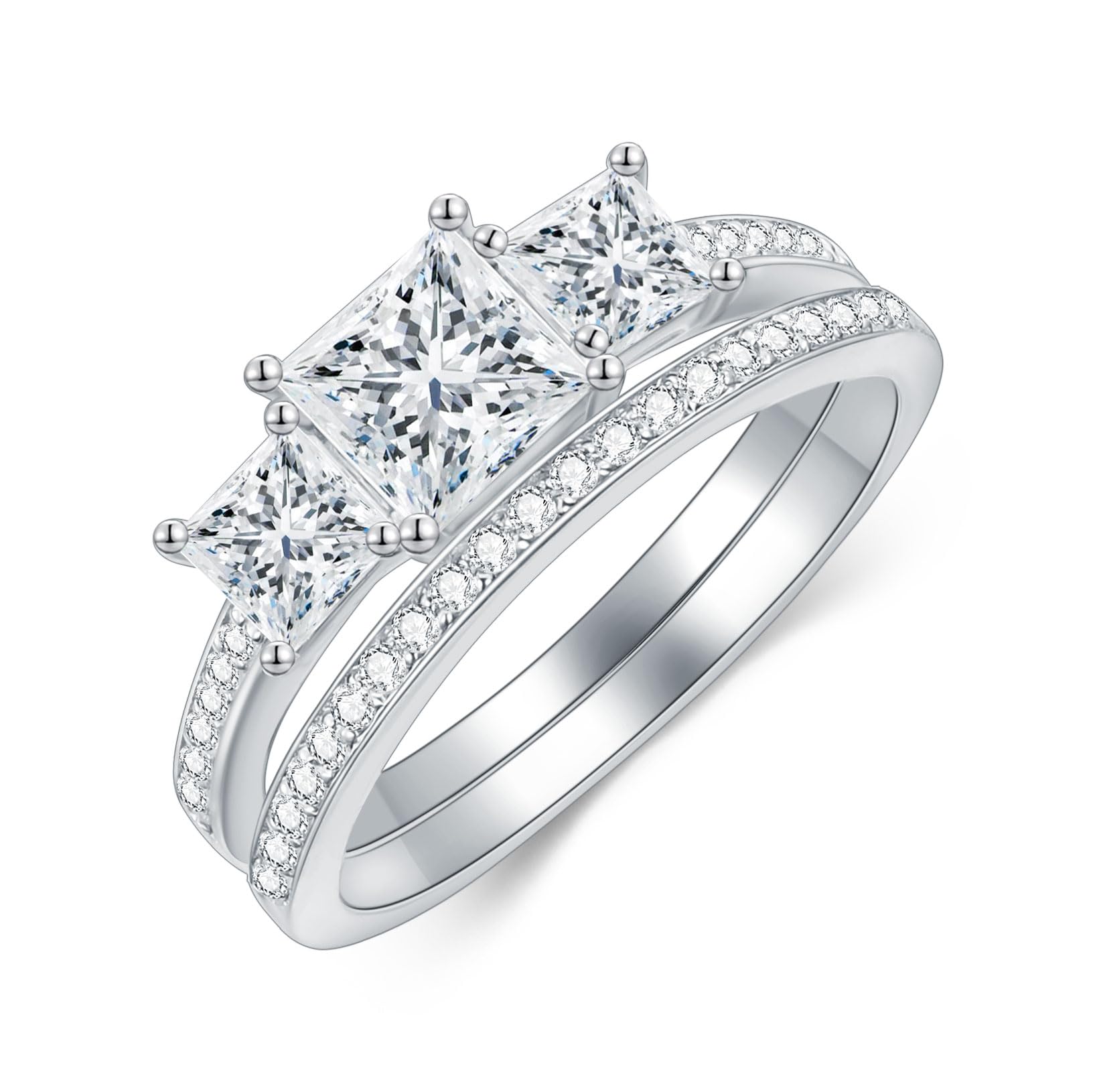 Princess Cut Wedding Ring Set for Women White Gold 3 Stone Moissanite Bridal Ring Set Engagement Ring Set 10K 14K 18K Gold Anniversary Promise Rings for Her with Text Engraving(14K