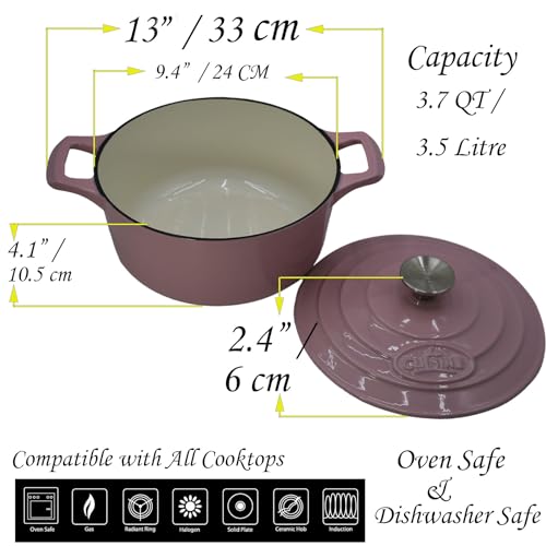 La Cuisine Enameled Cast Iron Dutch Oven Casserole Dish Pot with Lid, 3.7 QT 9.5 Inches Dia. Cream White Enamel Coating Interior Pink Oven-Safe