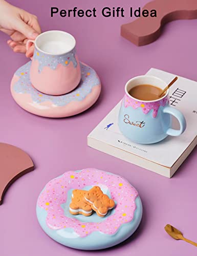 SISETOP Novelty Espresso Cups and Saucers, Ceramic Donut Mug, 9.5oz Creative Cute Cups, Unique Coffee Mug with Spoon for Gift, Kids, Adults, Birthday