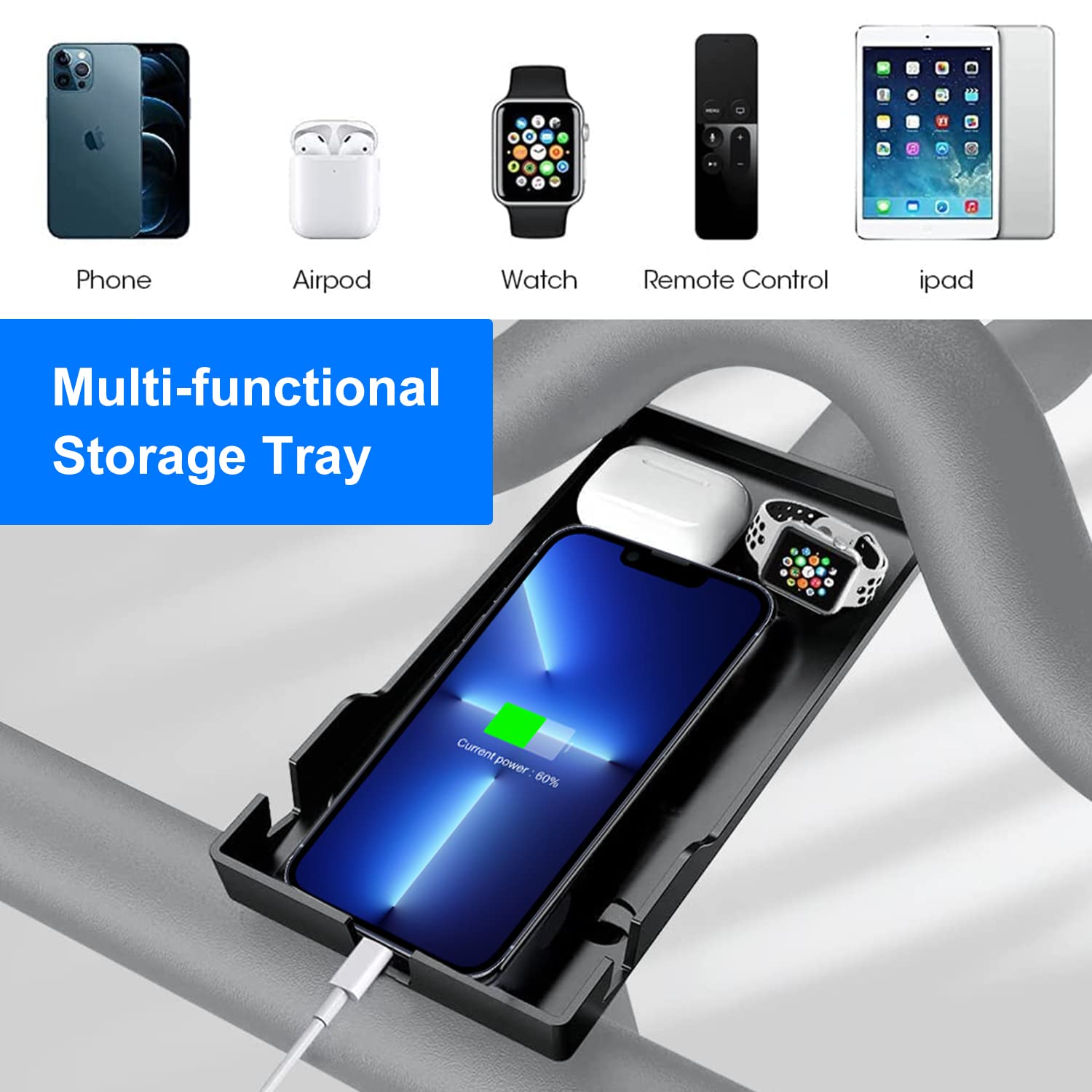 PunNeya Black Bar Mount Phone Holder for Exercise Bike, Charging Slot for iPhone iPad Phone Tablet Headphones Remotes Watch