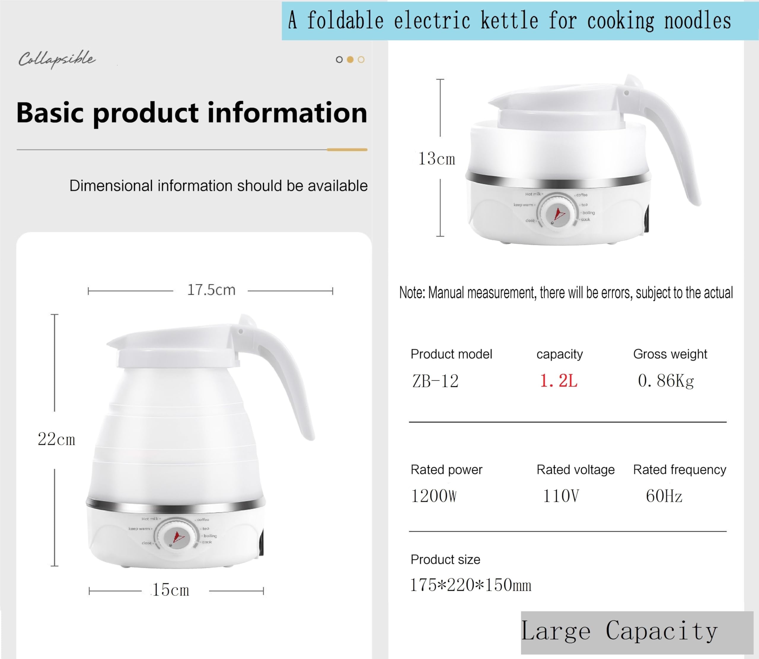 Large Capacity Temperature Adjustable Travel Kettle,Travel Foldable Electric Kettle,Collapsible Food Grade Silicone Small Kettle,Boiling water for Tea Coffee Nodle(1200ml,110V,1200W,US Plug) (Blue)