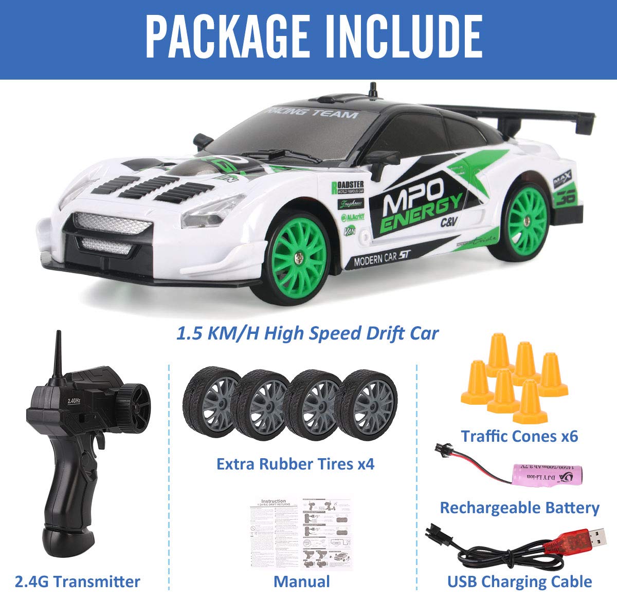 Liberty Imports RC Drift Car 1/24 2.4GHz 4WD Remote Control Sport Racing On-Road Vehicle with LED Light, Batteries and Drift Tires (White)