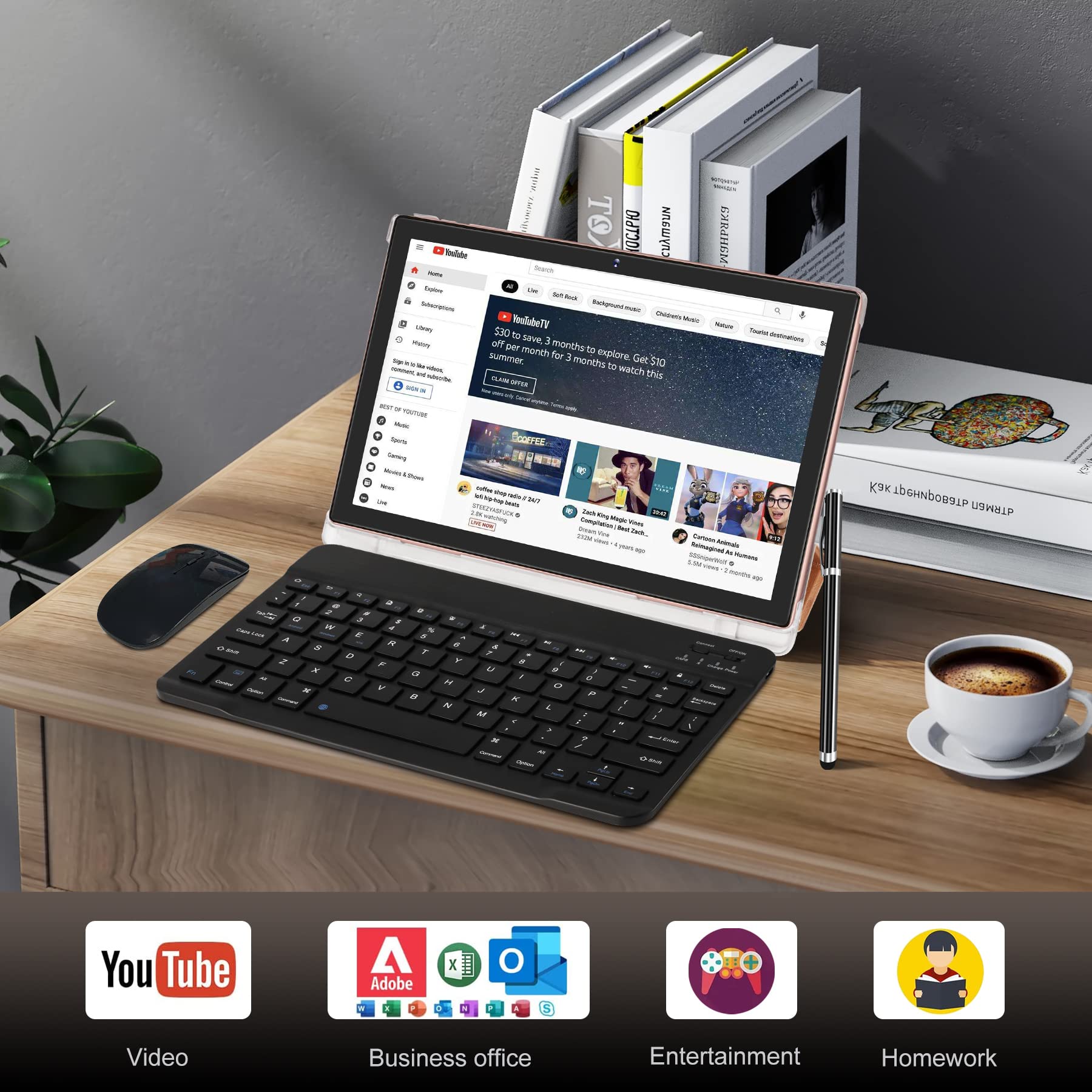πππ§π ππ Android 12 Tablet 10.1 Inch 2023 Newest Tablets, 4GB + 64GB (Max 128G) 8000mAh Battery with Bluetooth Keyboard | Mouse | GPS | Dual Camera | Case | WiFi support and More - A6 (Gold)