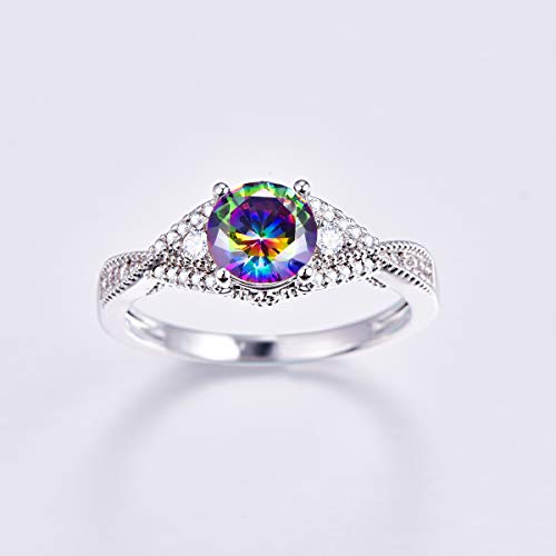 Momius 925 Silver Created-Rainbow Topaz Brilliant Round Cut Wave Side Band Ring for Girls Women Size 6¡