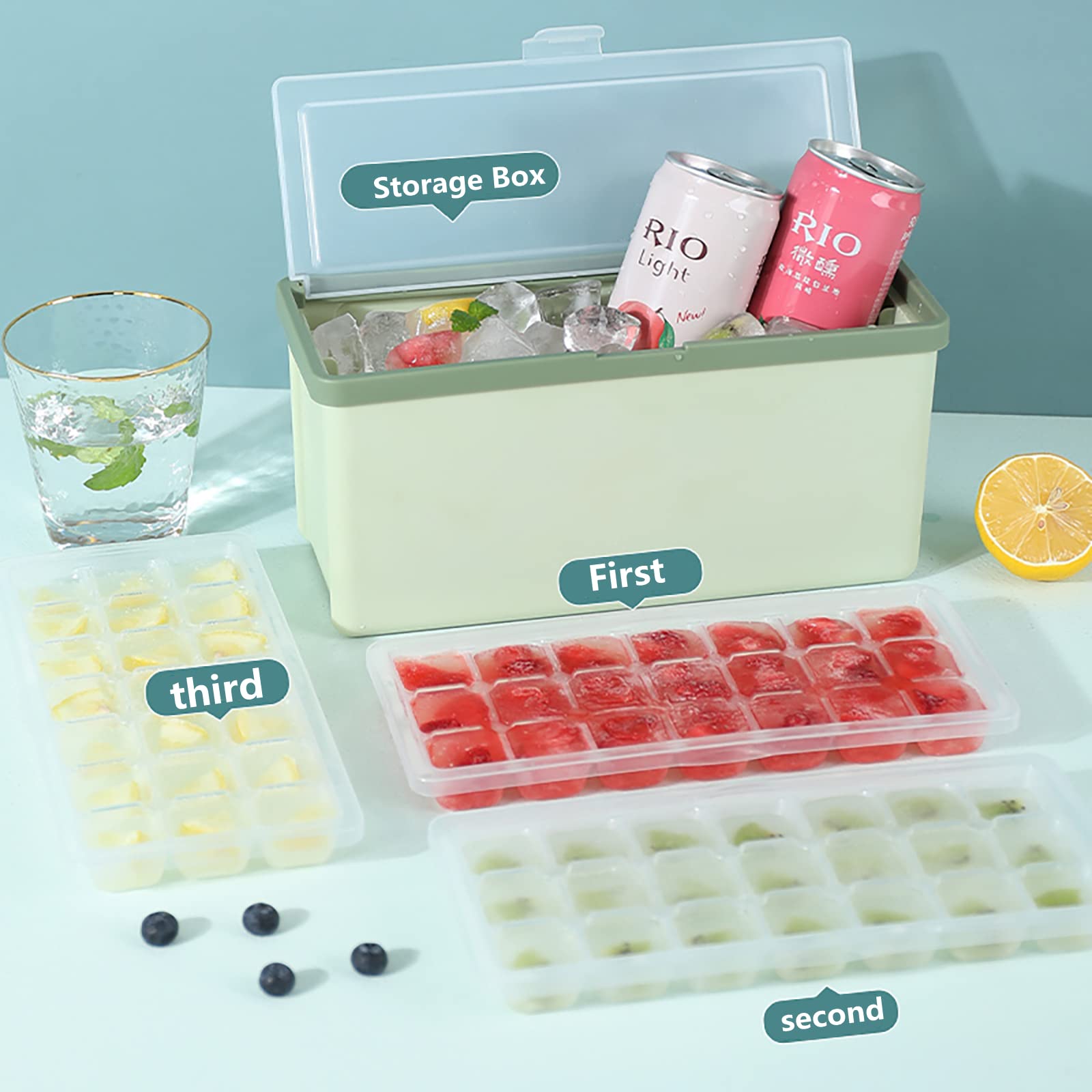 PYANGUHAI Ice Cube Tray with Lid and Bin, Bucket, Maker Substitutes, Comes Container, Scoop Cover Release Box Container for Freezer (Green)