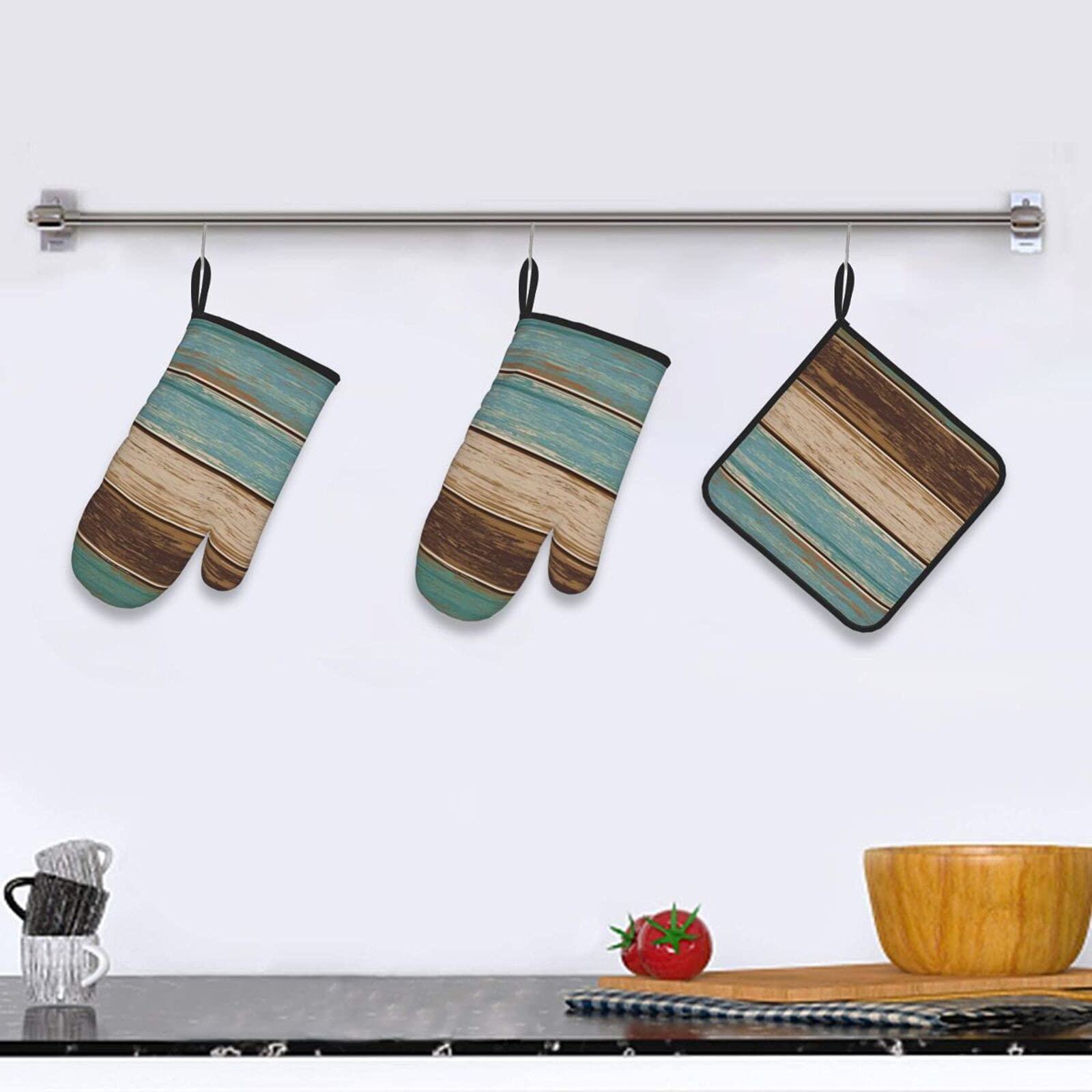 Nautical Vintage Wood Oven Mitts and Pot Holder Set - Retro Blue Ocean Rustic Oil Print Theme Hot Pad Waterproof Heat Resistant Kitchen Microwave Gloves for Cooking BBQ Baking Grilling