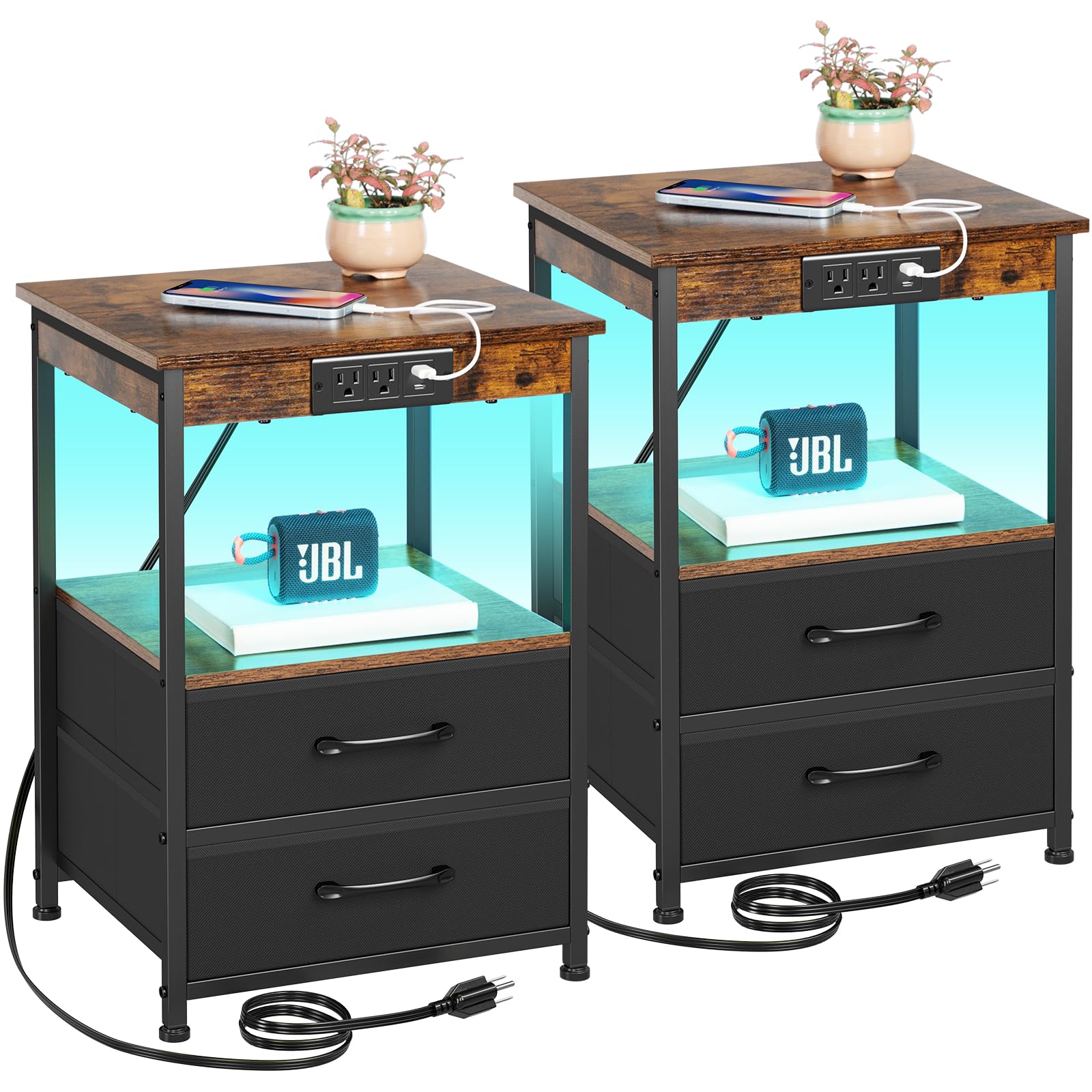 LOAKEKEL Night Stand Set 2, Nightstand with Charging Station, LED End Tables with USB C Port and Outlets, Bedside Table with 2 Fabric Drawers for Bedroom, Rustic Brown, HNS022BR