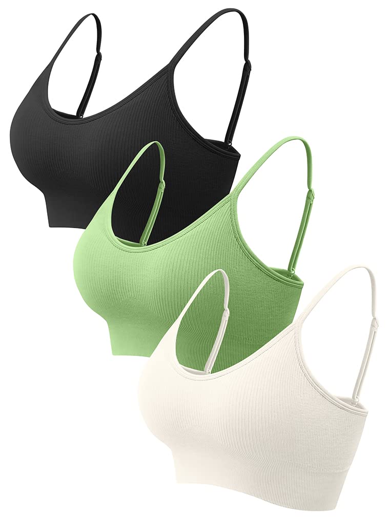 OQQ Women's 3 Piece Cami Crop Top Ribbed Seamless Removable Cups Workout Exercise Sports Bra Black Green Beige
