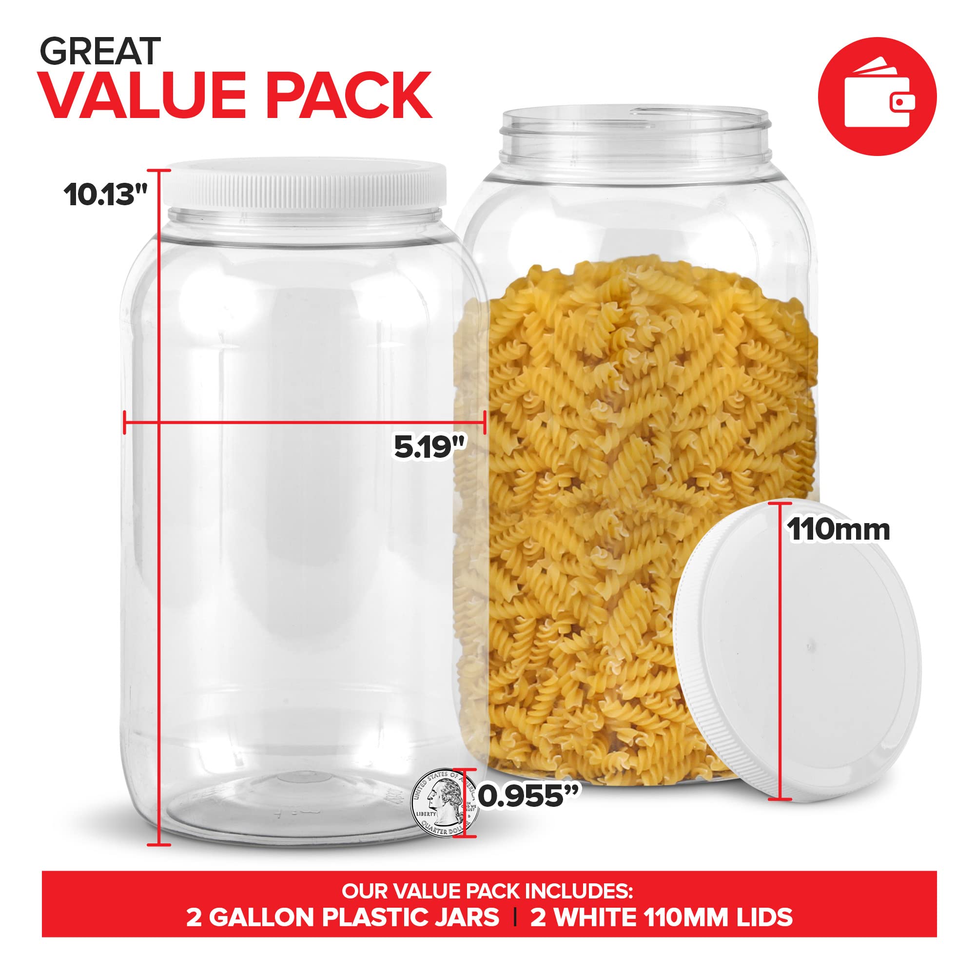 Stock Your Home 1 Gallon Clear Plastic Jars with Lids (2 Pack) 128 oz Wide Mouth Large Jar with Lid, Big Container for Candy, Cookies, Arts & Crafts, Bartender Money Tips, Kitchen & Pantry Storage
