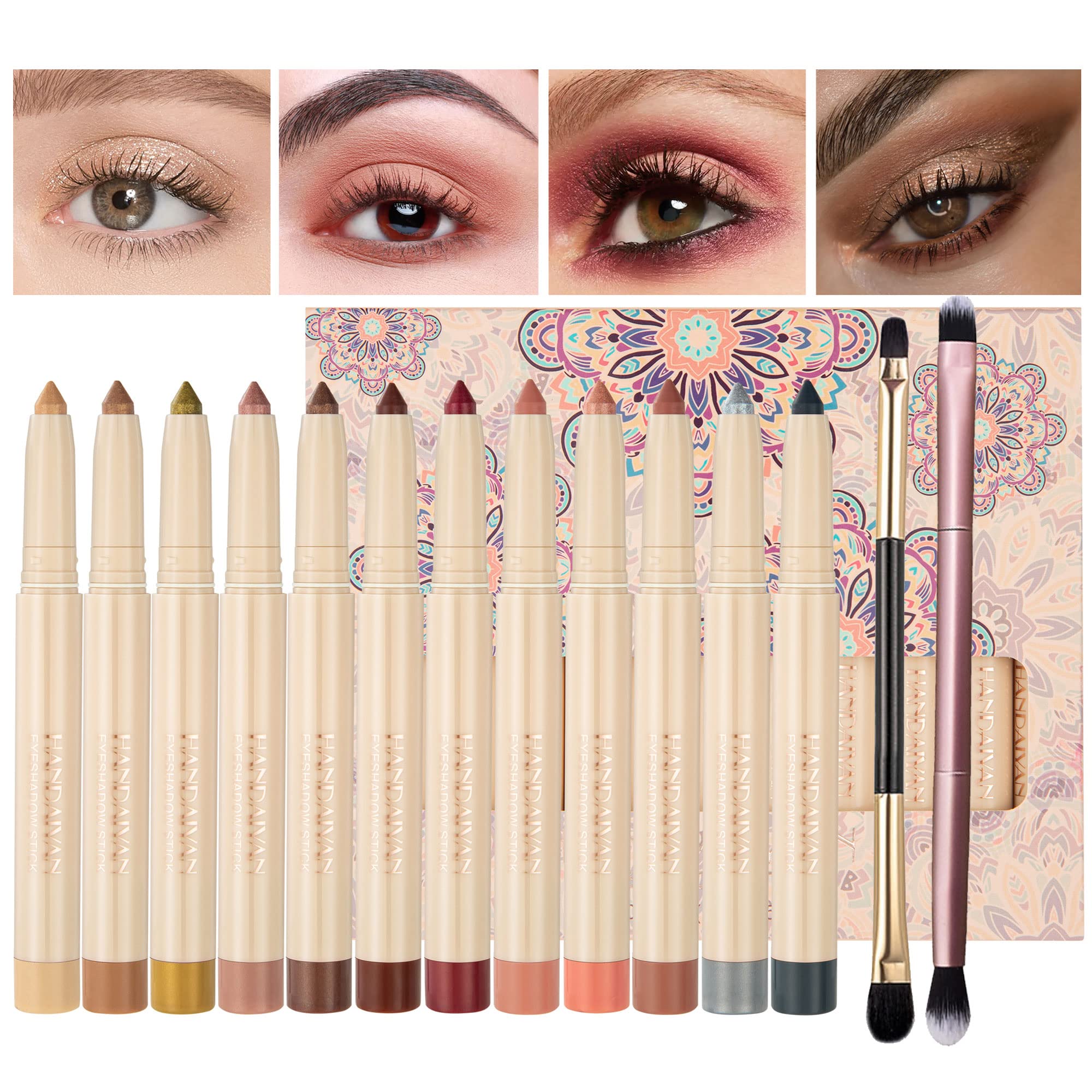 Topcent 12 Pcs Cream Eyeshadow Stick Set Soft Matte Shimmer Rainbow Earth Colors Highly Pigmented Long Lasting Waterproof Eye Shadow stick Eye Liner Makeup with Pencil Sharpener and Brush (Set B)