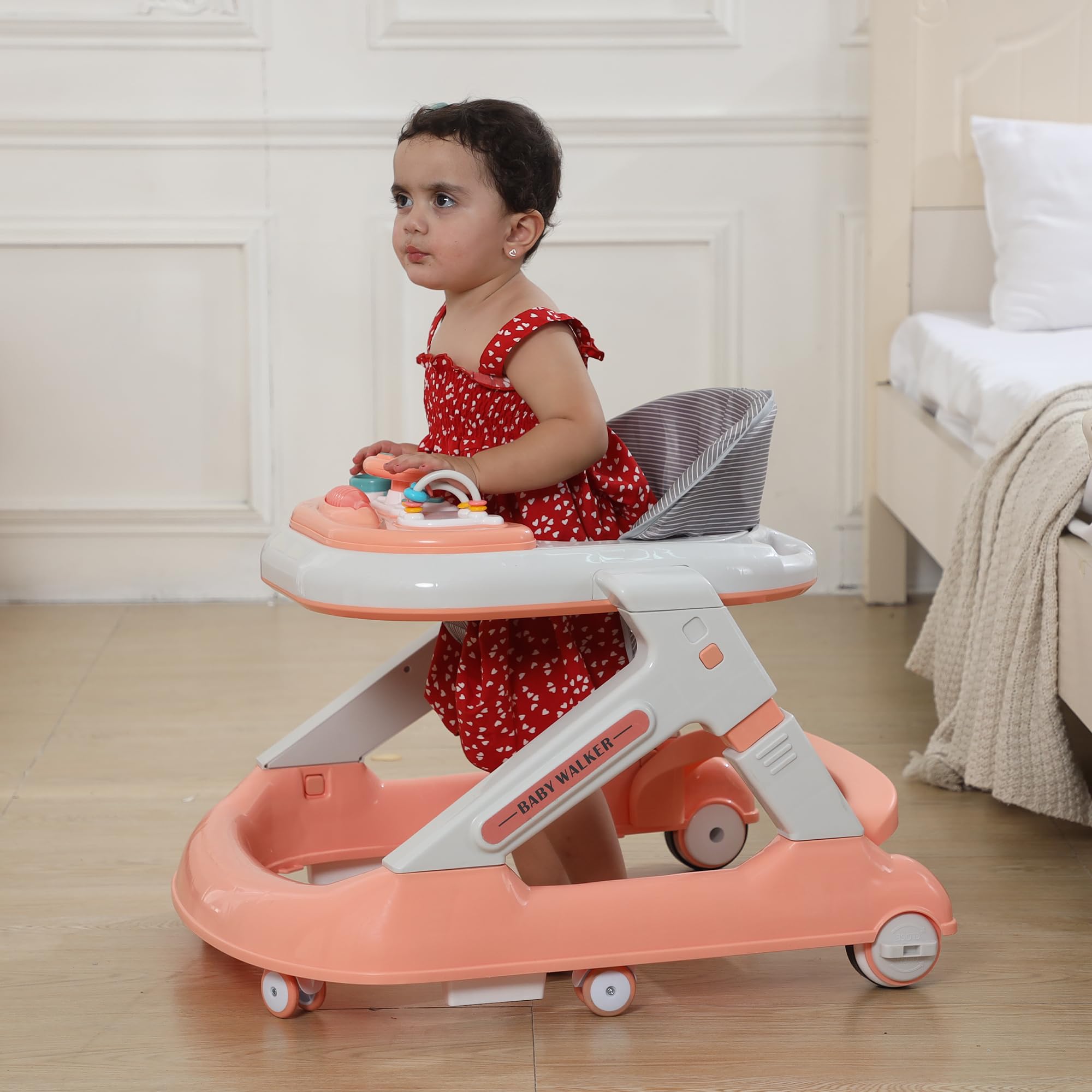 Marzviyia 5-in-1 Baby Walker with Wheels, Baby Push Walkers with Adjustable Height & Speed, Building Block Table, Pink