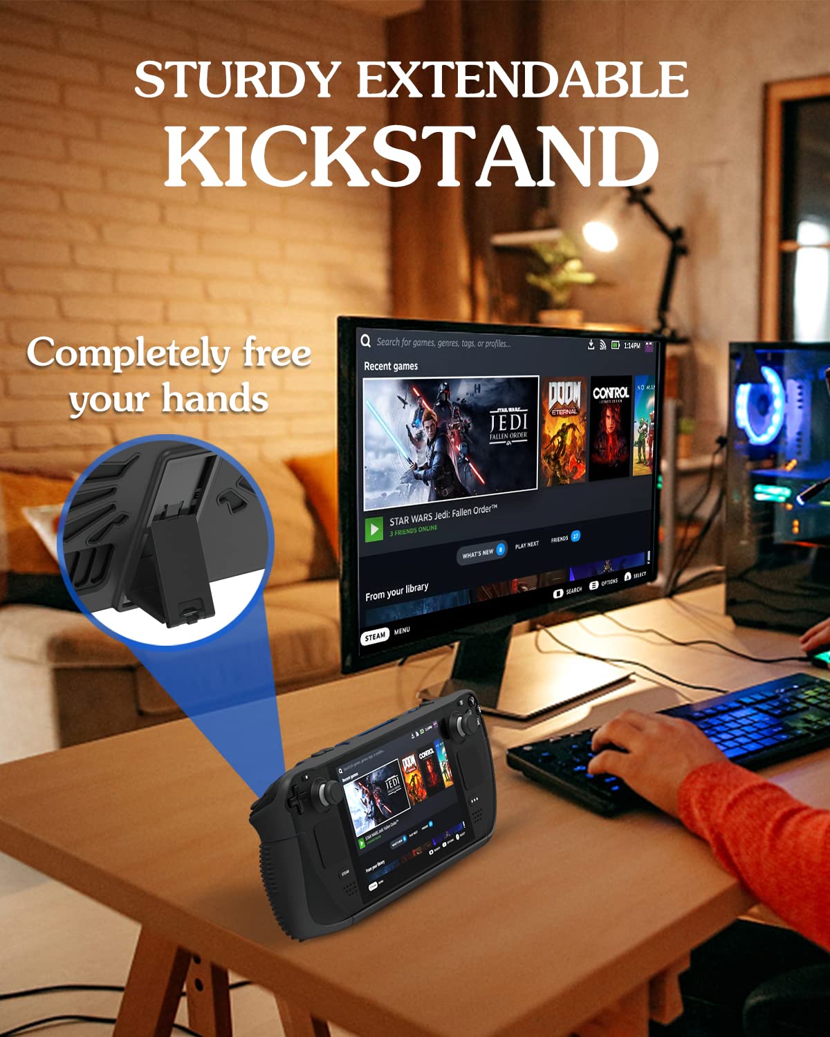 SUIHUOJI Steam Deck Case with Kickstand, Stand Base Accessories Protector for Valve Steam Deck Console, Stream Deck Protective Cover Skin Shell with 2Pairs Silicone Thumb Grips Caps, TPU+PC Case Black