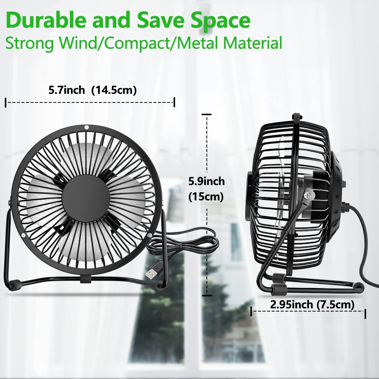 Small USB Desk Fan, AiwyeHB 4 Inch Mini Quiet Fan with Strong Airflow, 360° Rotation, Metal Construction, Personal Cooling Fan for Home Office (Black) (HB1996)