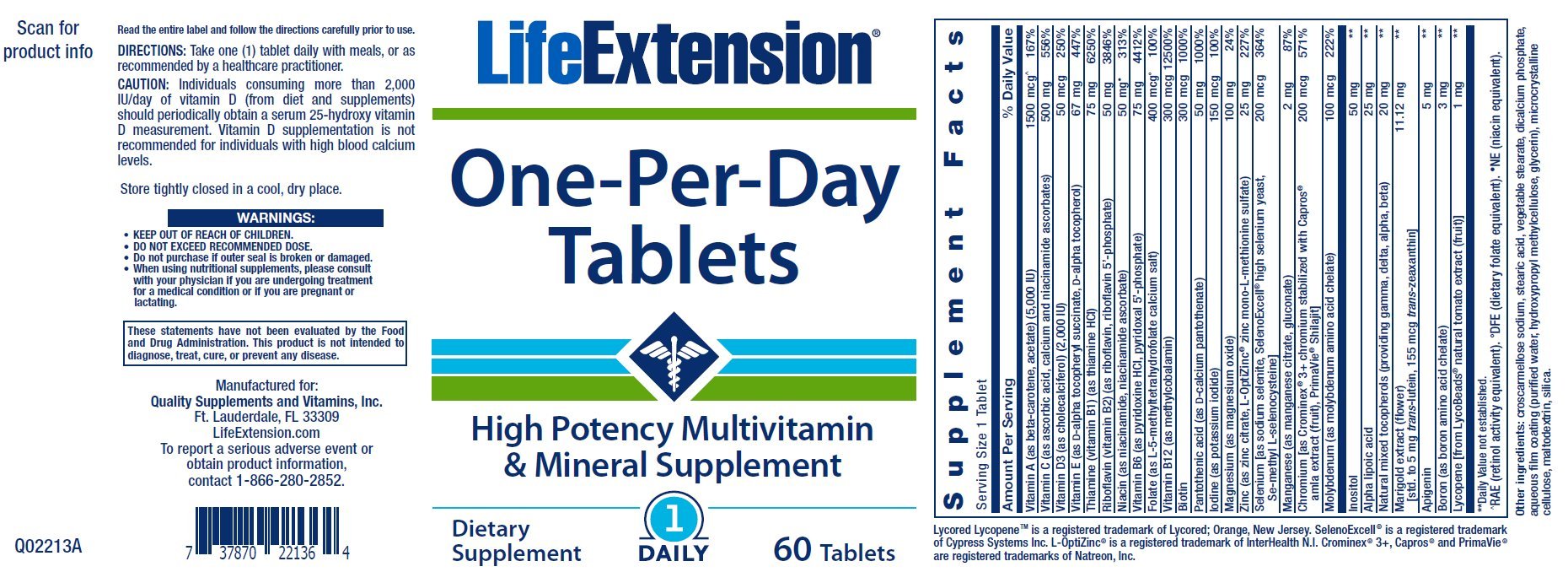 Life Extension One-Per-Day Multivitamin—Essential Vitamins, Minerals & Nutrients for a Healthy Immune System, Heart & Brain Health - Non-GMO, Gluten-Free - 60 Tablets