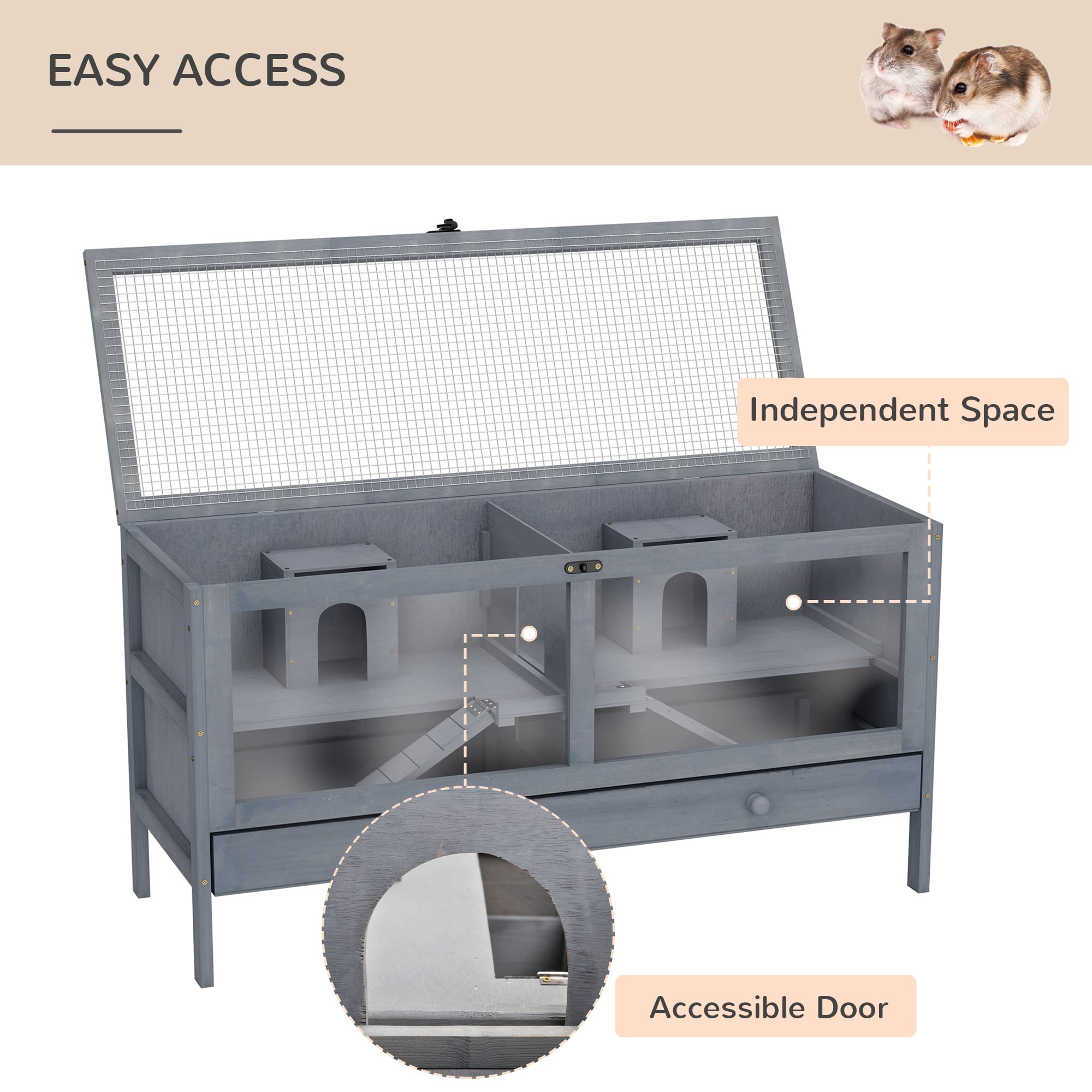 PawHut 2 Tiers Wooden Hamster Cage Mice and Rat House Small Animal Habitat with Double Room and Pull-Out Tray