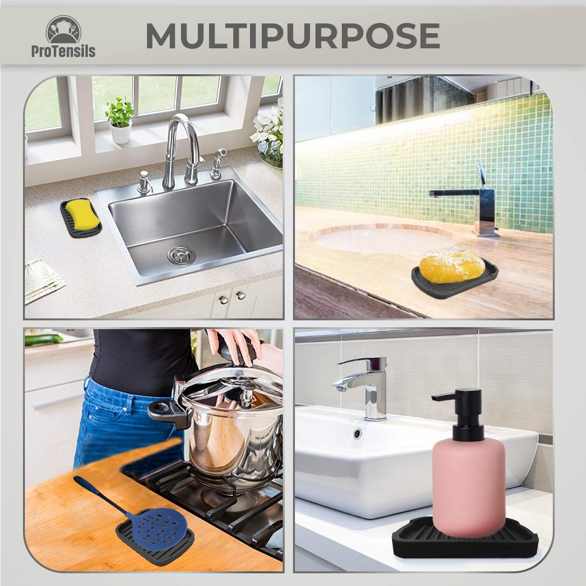 ProTensils Silicone Soap Holder, Utensil Rest, Sponge Holders, Kitchen Organizer, Spoon Storage, Non-Slip β Hygienic Kitchen Accessories β Light Grey