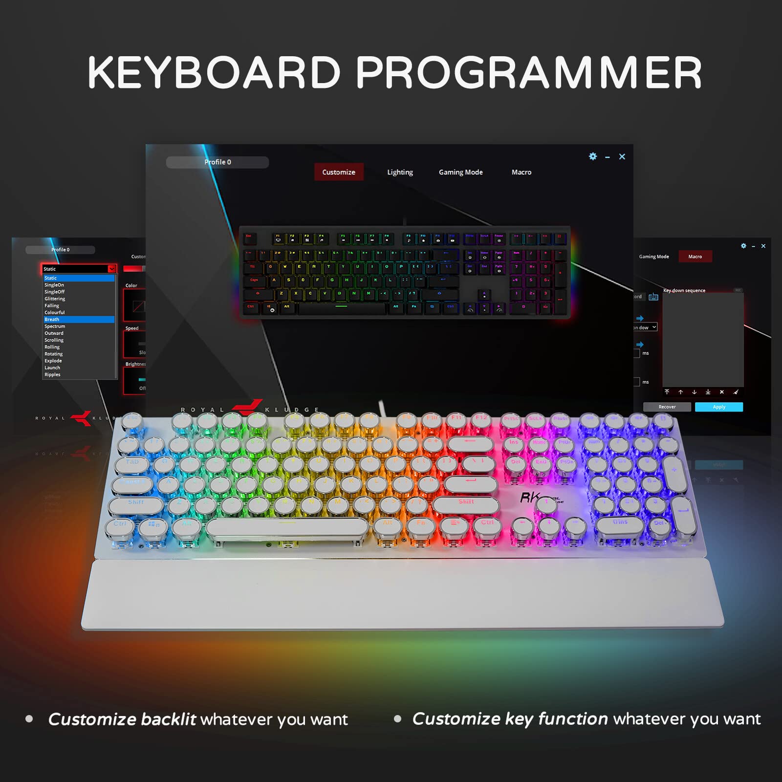 RK ROYAL KLUDGE Typewriter Style Mechanical Gaming Keyboard with True RGB Backlit Collapsible Wrist Rest 108-Key (Brown Switch, White)