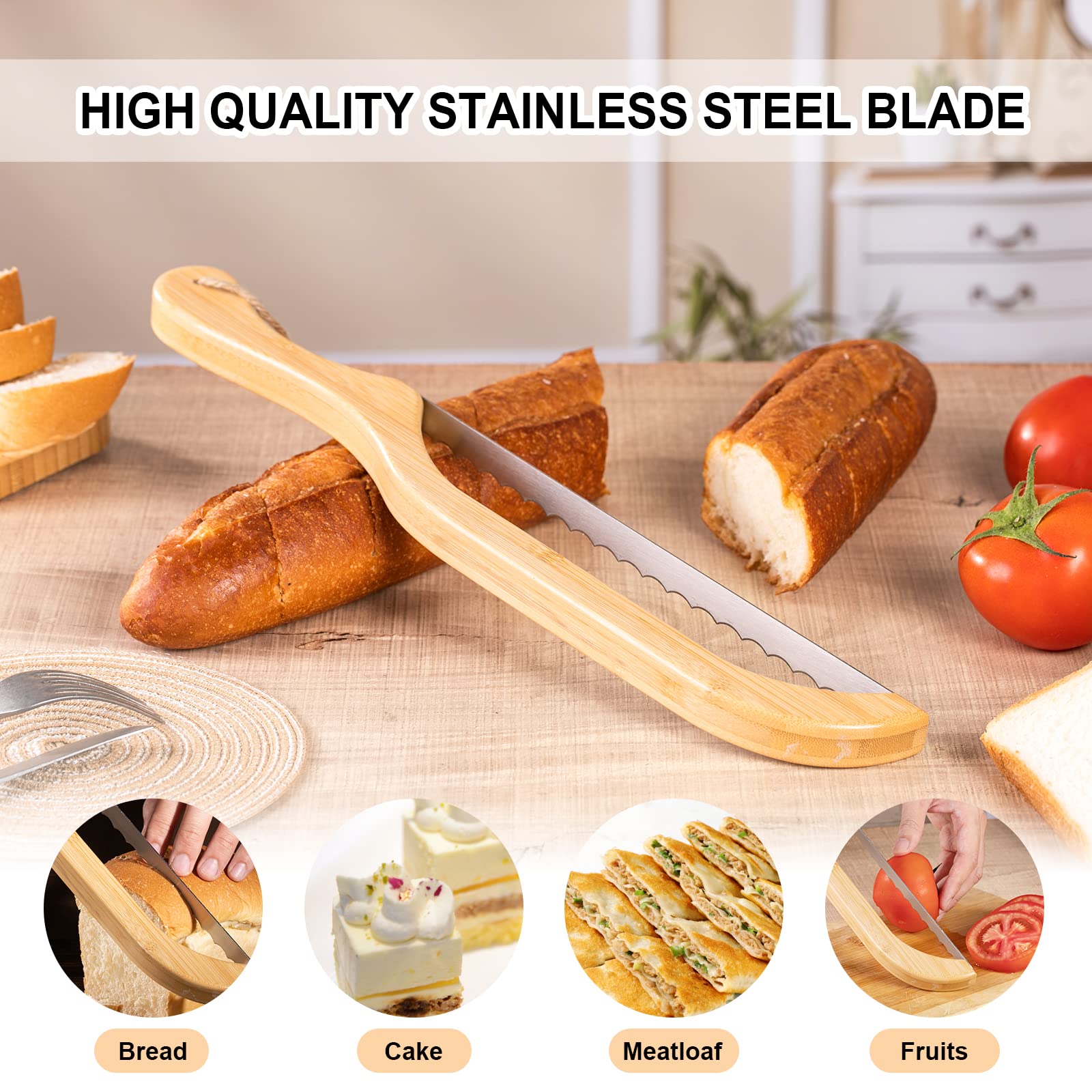 Recsrdce Bread Bow Knife, bread knife for homemade bread, sourdough bread knife,15.7" Serrated Bread Knife,Premium Stainless Steel,Used for slicing bread(Bamboo Handle - Right Handed)