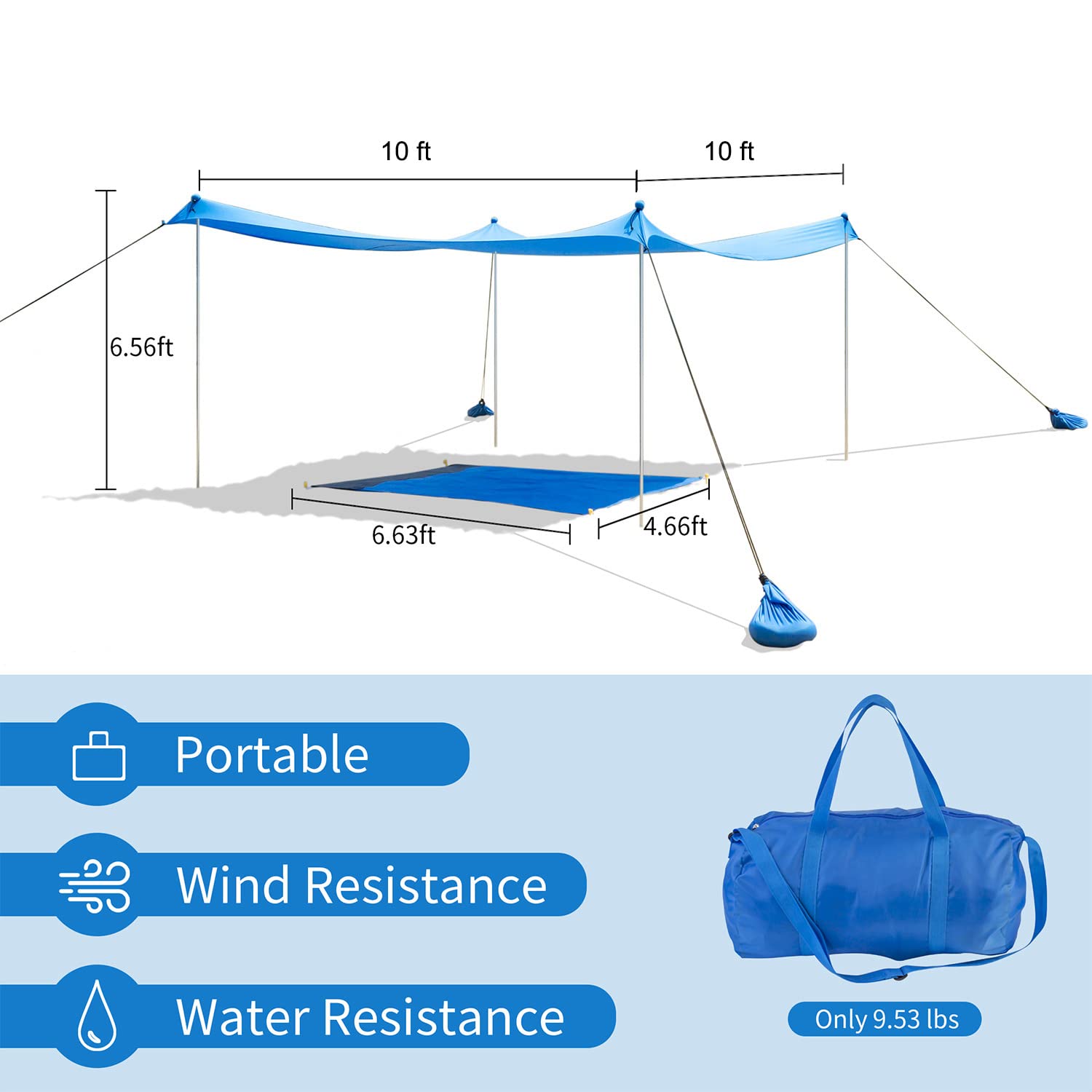 LeMuna Beach Tent Canopy Pop Up Sun Shade UPF50+, Lightweight Outdoor Shade with Sand Shovel, Ground Pegs and Stability Poles, Portable Set for Family Fun Trips (Blue, 10×10 FT 2 Pole)