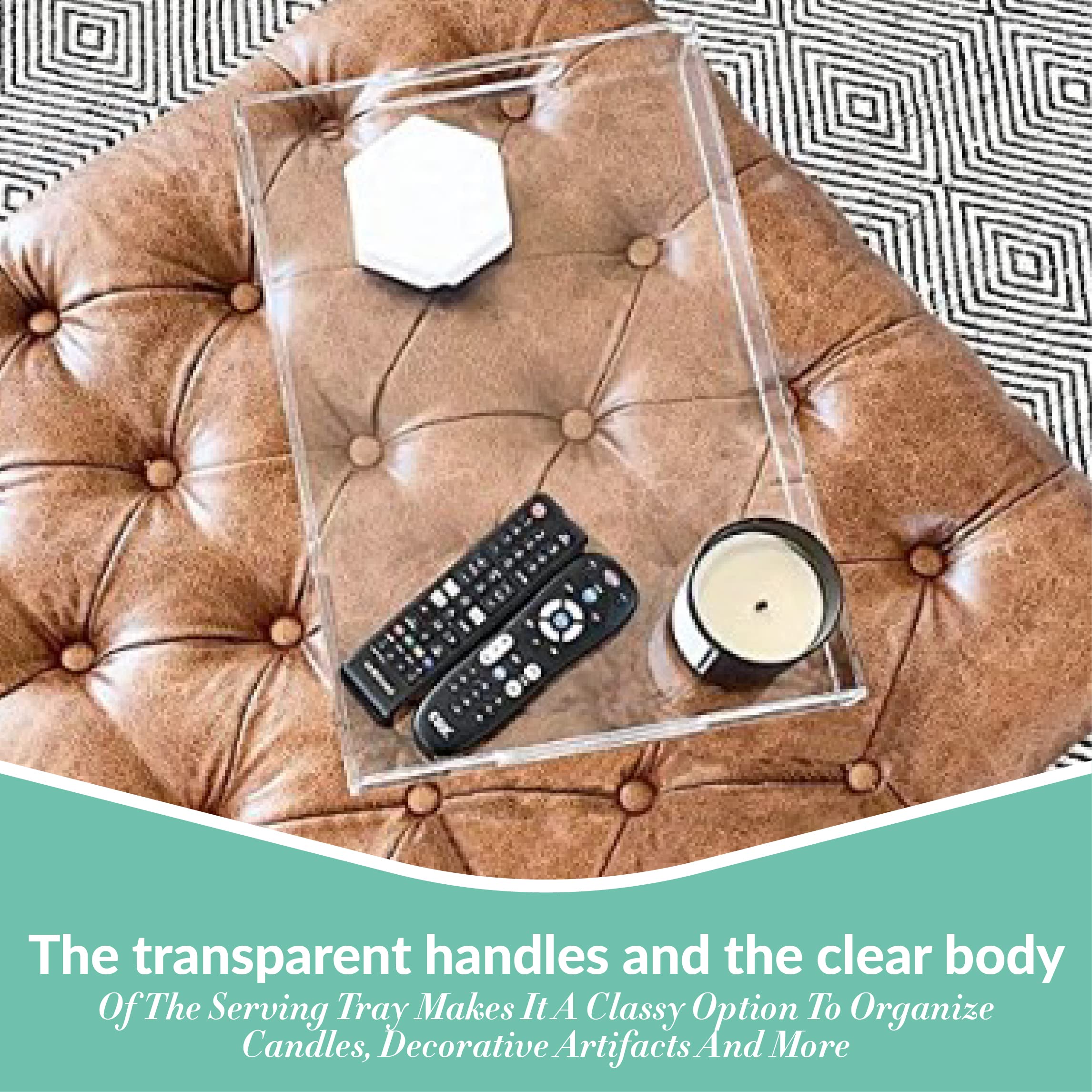 Rectangle Coffee Table Tray - Clear Acrylic Tray with Handles 16 x 12 x 2 - Rectangle Tray for Serving Food, Coffee, Organizing Bathroom Accessories, Makeup, Perfume, Ottoman, Eating in Bed Tray