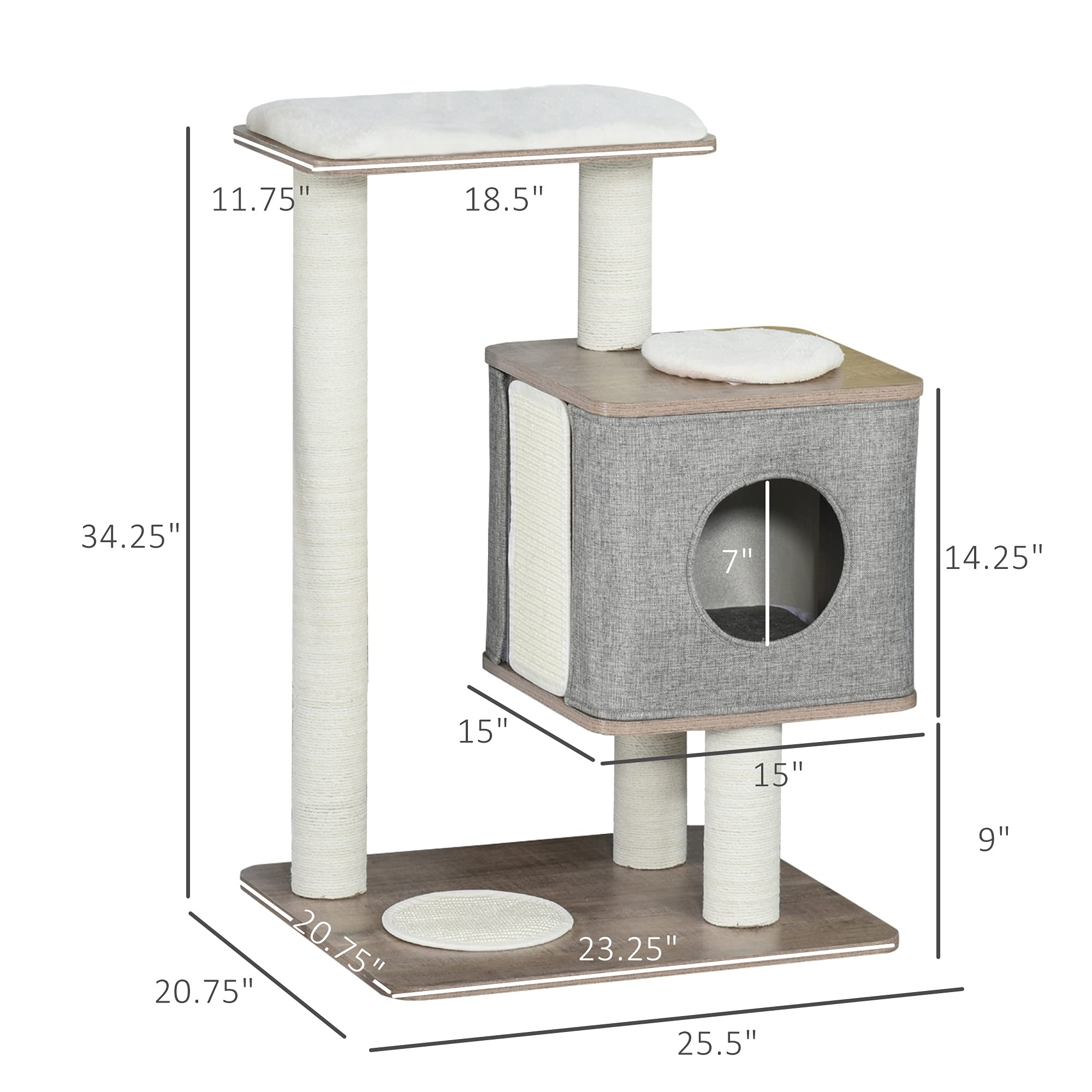 PawHut 34" Cat Tree Tower Activity Center with Natural Jute Scratch Material, Cushions on Each Platform, & Condo Area