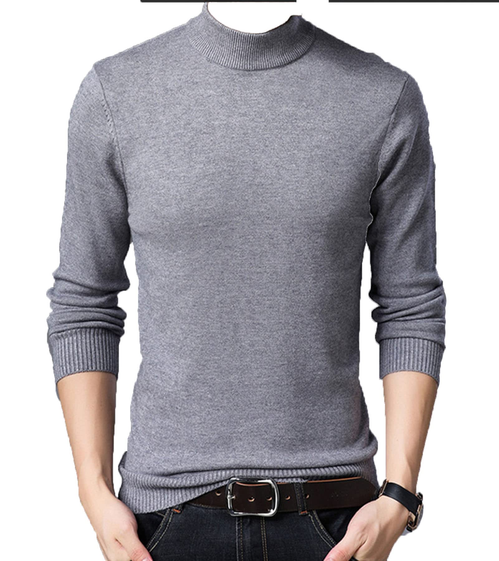 Mens Half Turtleneck Wool Blend Sweaters Thermal Soft Fleece Sweater Tops Casual Fit Thick Long Sleeve Pullover T-Shirt (Light Grey,Large)