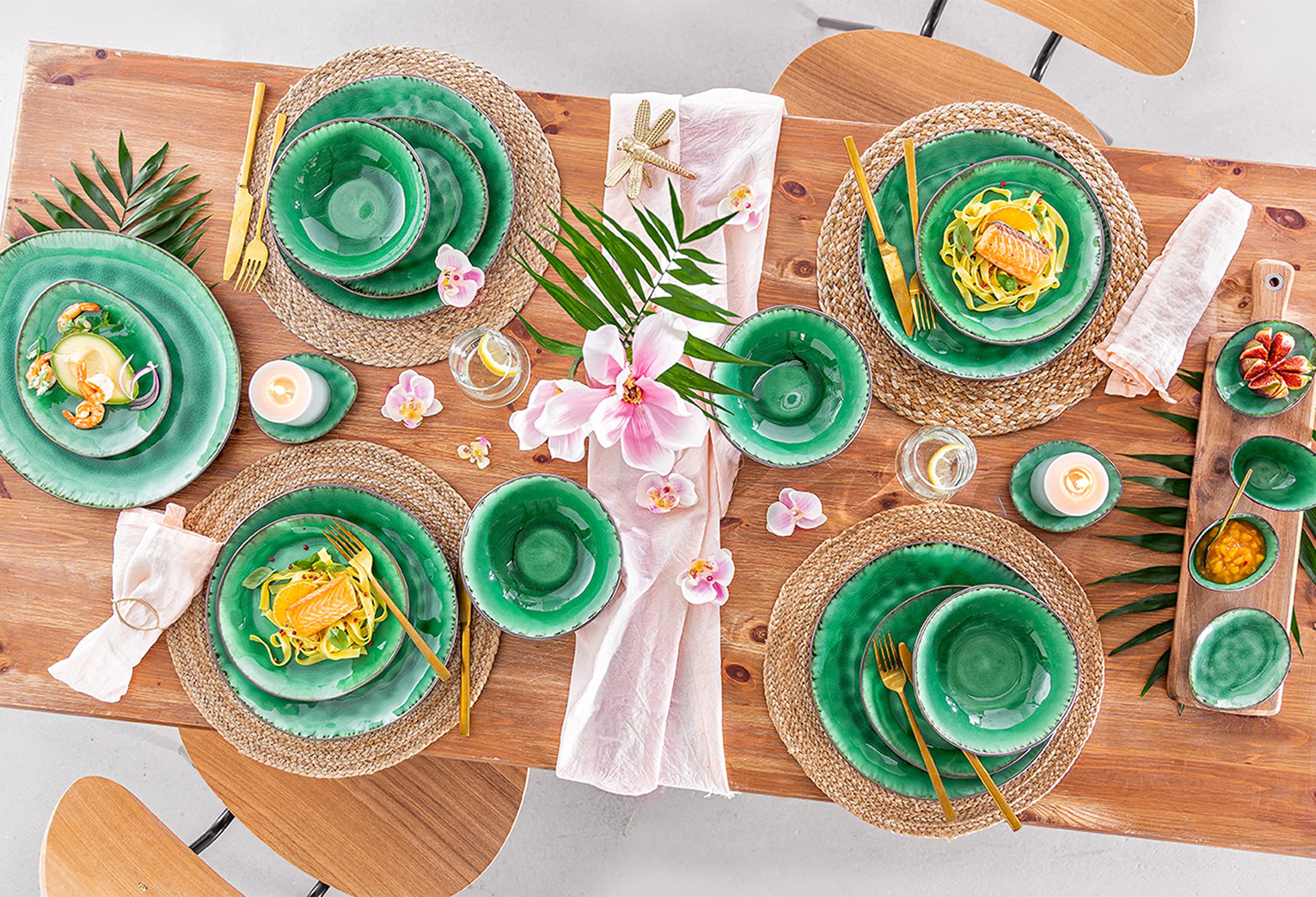 Sänger | Salad bowl Palm Beach 4 pieces, bowl for salad 4 people, stoneware tableware set for salad, handmade salad plate dishwasher safe multifunctional, salad plate green with black accents | 760ml
