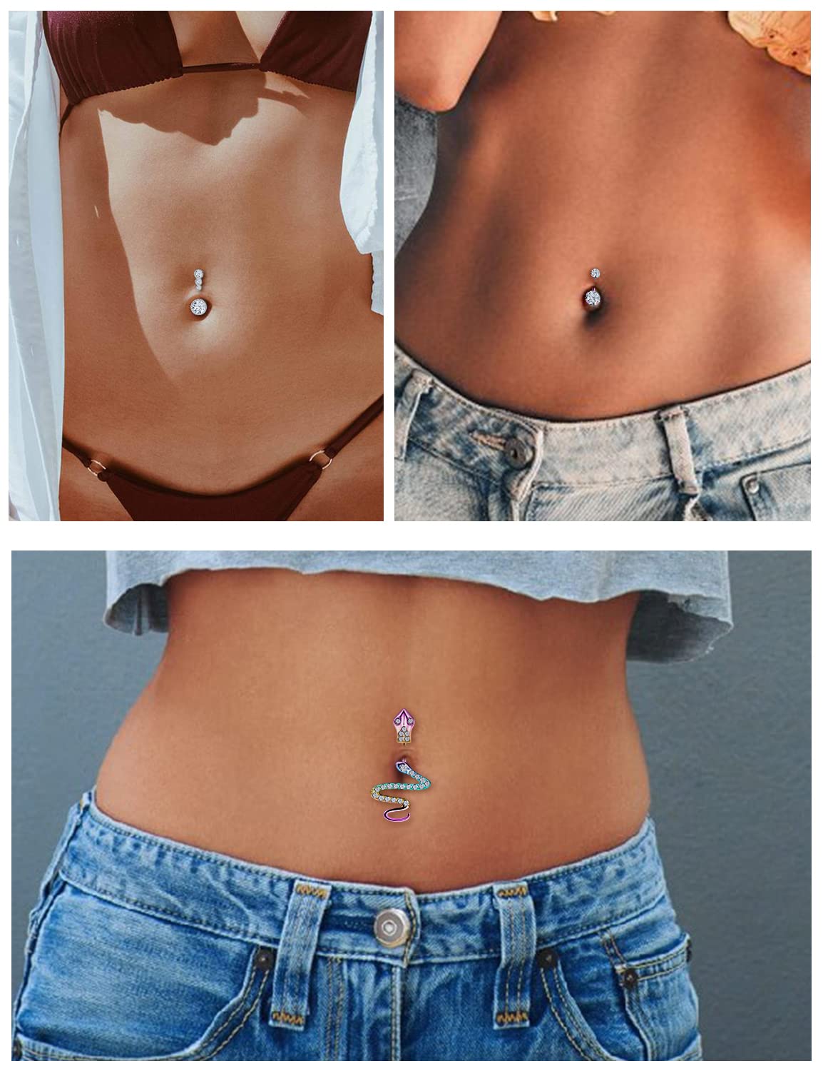 Rksndnn 14G Belly Button Rings Dangle for Women Stainless Steel Piercing Jewelry Snake Reverse Spiral With Clear Cz Navel Ring Body Rainbow (DNN-006)