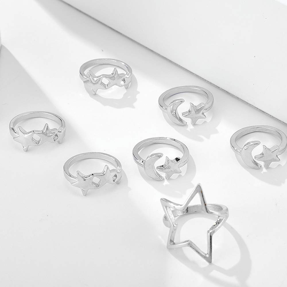 Missgrace 7PCS Silver Vintage Moon and Star Womens Knuckle Rings for Girls Stackable Joint Finger Ring Set for Women (Style 4)