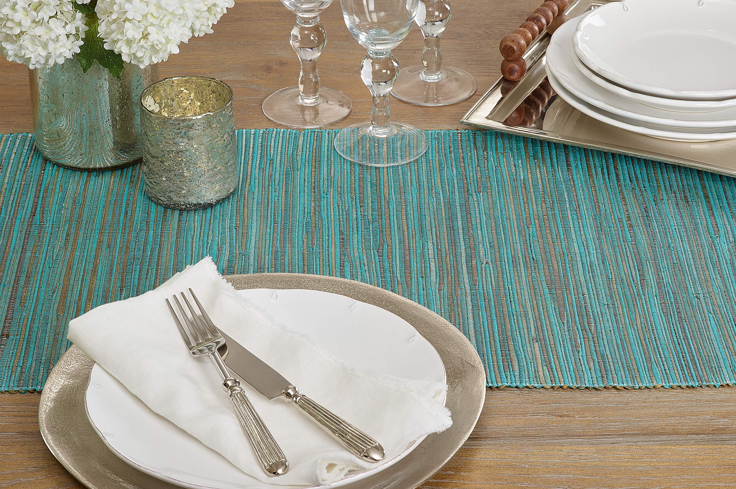 SARO LIFESTYLE 217.TQ14108B Melaya Collection Shimmering Woven Nubby Water Hyacinth Table Runner, 14" x 108", Turquoise
