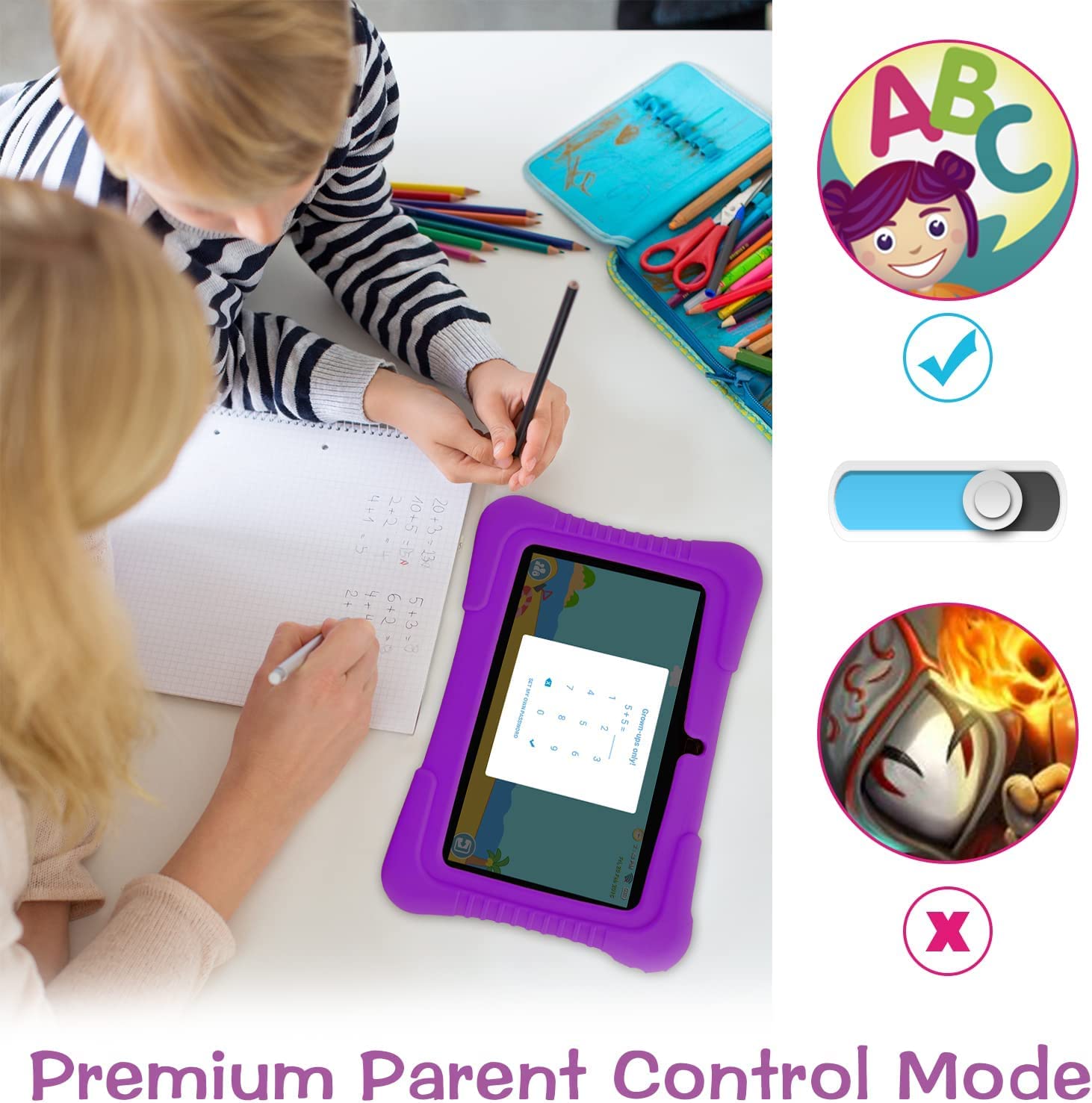 Veidoo Kids Tablet, 7 inch Android Tablet PC, 1GB RAM 16GB ROM, Safety Eye Protection Screen, WiFi, Bluetooth, Dual Camera, Educational, Games, Parental Control APP, Tablet with Silicone Case(Purple)