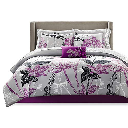 Madison Park Essentials Claremont Twin Size Bed Comforter Set Bed in A Bag - Purple, Grey, Floral – 7 Pieces Bedding Sets – Ultra Soft Microfiber Bedroom Comforters, Twin(68"x86")